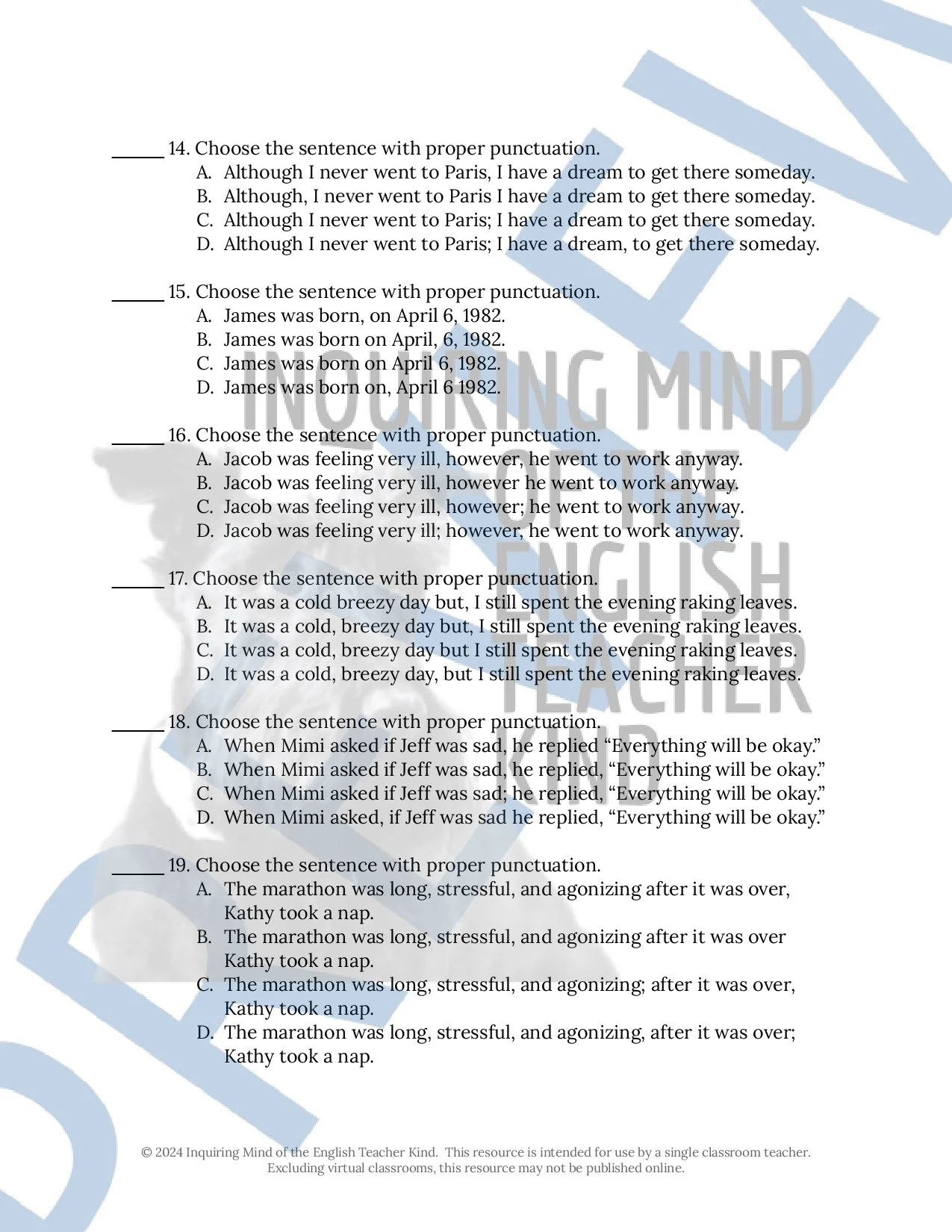 Grammar Worksheet on Commas, Semicolons, and Conjunctions with Answer ...