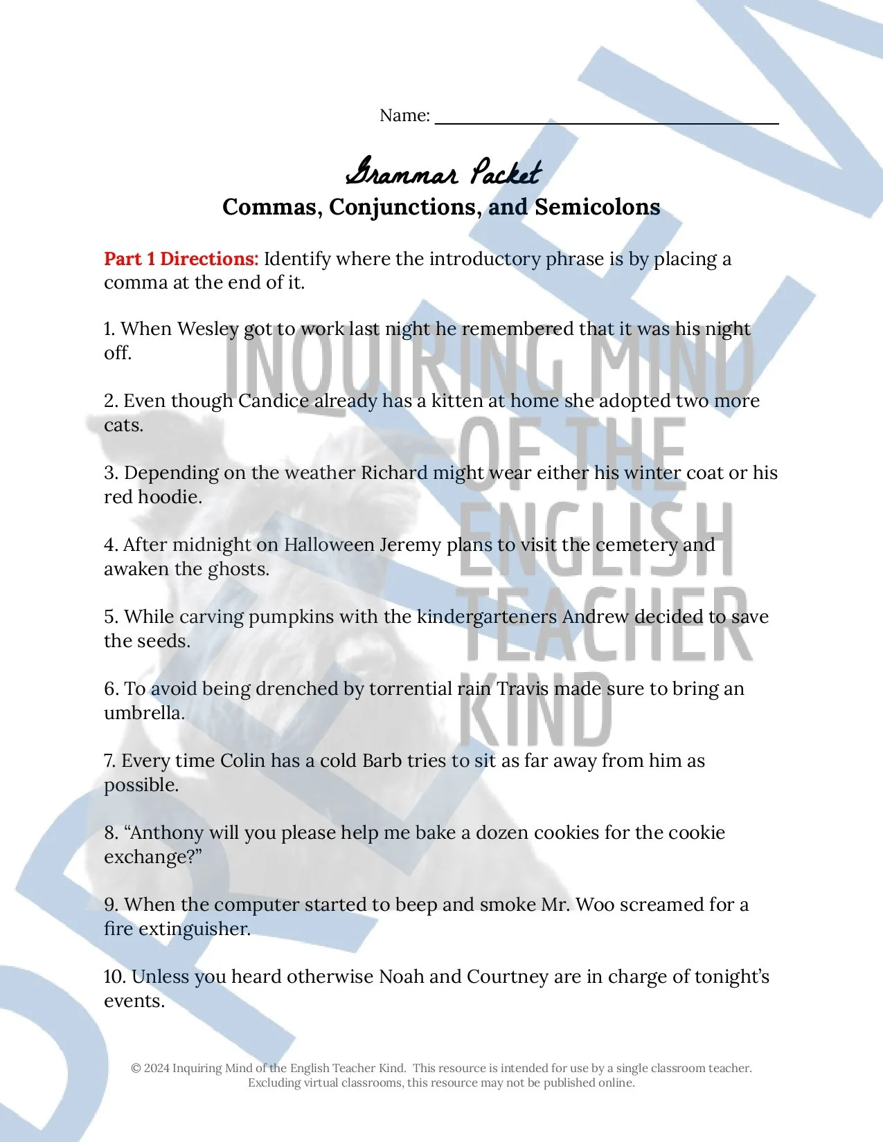 Grammar Worksheet on Commas, Semicolons, and Conjunctions with Answer ...