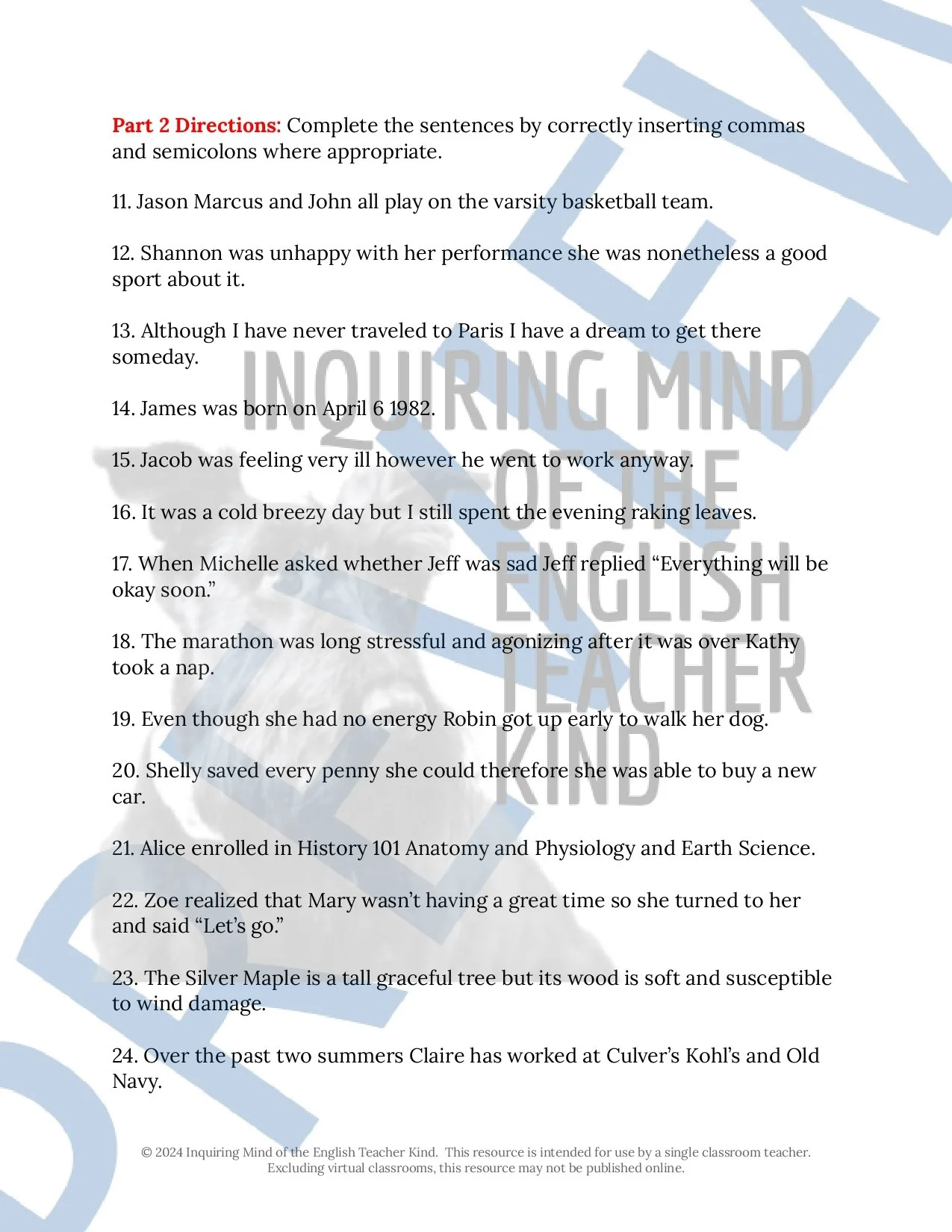 Grammar Worksheet on Commas, Semicolons, and Conjunctions with Answer ...