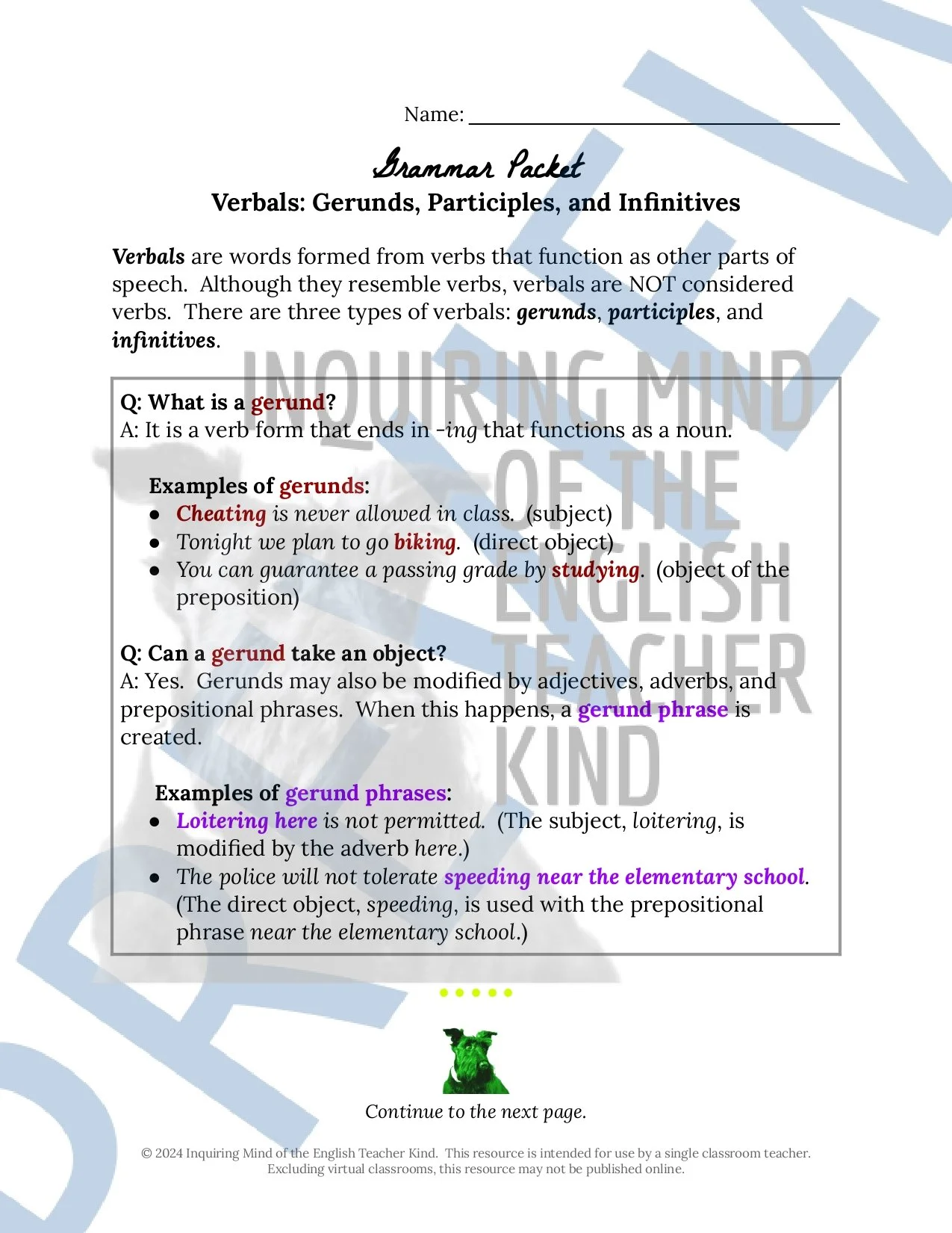 Grammar Practice Worksheet on Gerunds, Participles, and Infinitives for ...