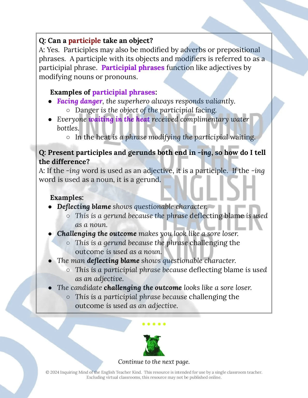 Grammar Practice Worksheet on Gerunds, Participles, and Infinitives for ...