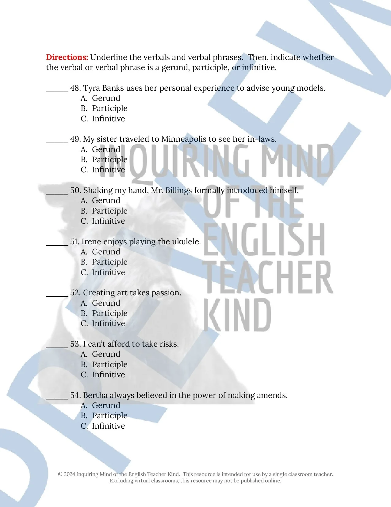 Grammar Practice Worksheet on Gerunds, Participles, and Infinitives for ...