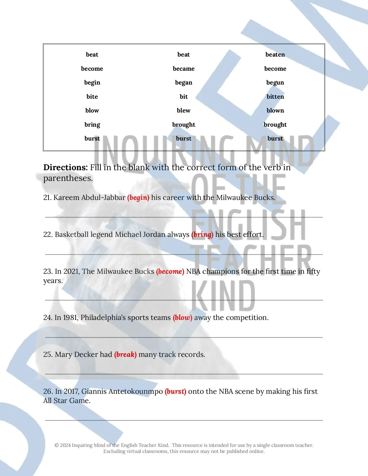 High School Grammar Practice Worksheet on Applying Verb Tenses ...