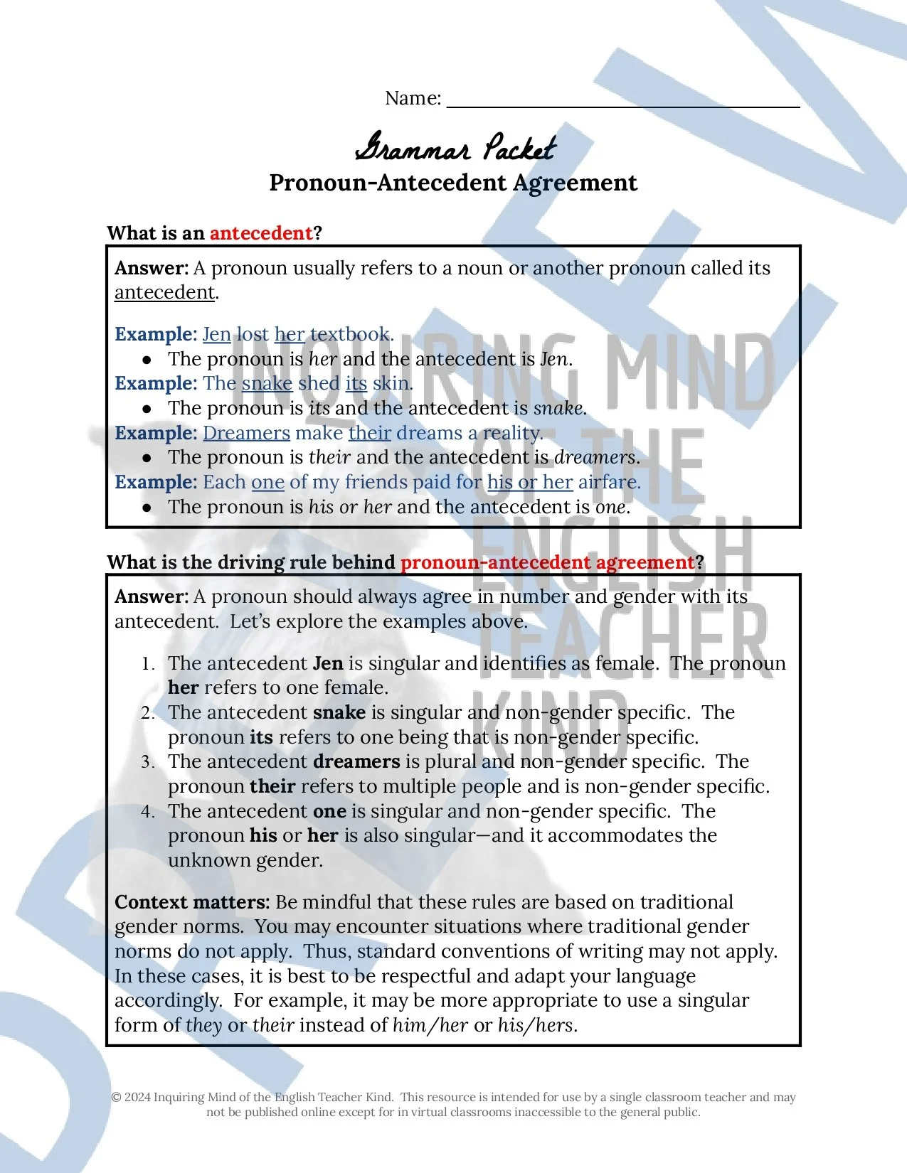 Grammar Practice Worksheet on Pronoun-Antecedent Agreement for High ...