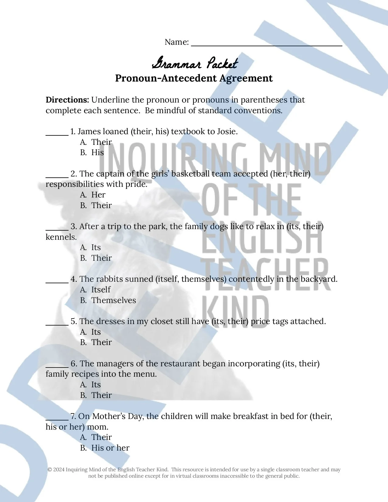 Grammar Practice Worksheet on Pronoun-Antecedent Agreement for High ...