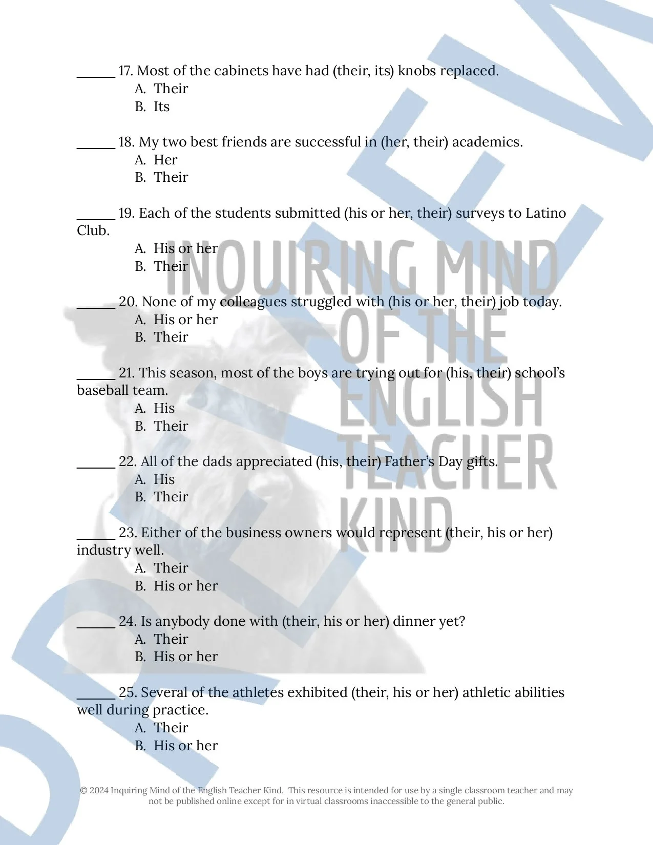 Grammar Practice Worksheet on Pronoun-Antecedent Agreement for High ...