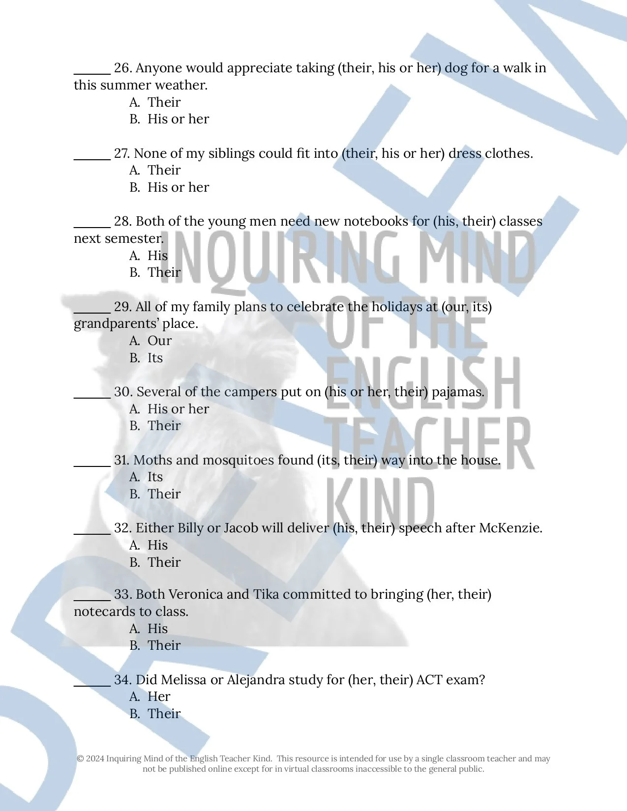 Grammar Practice Worksheet on Pronoun-Antecedent Agreement for High ...