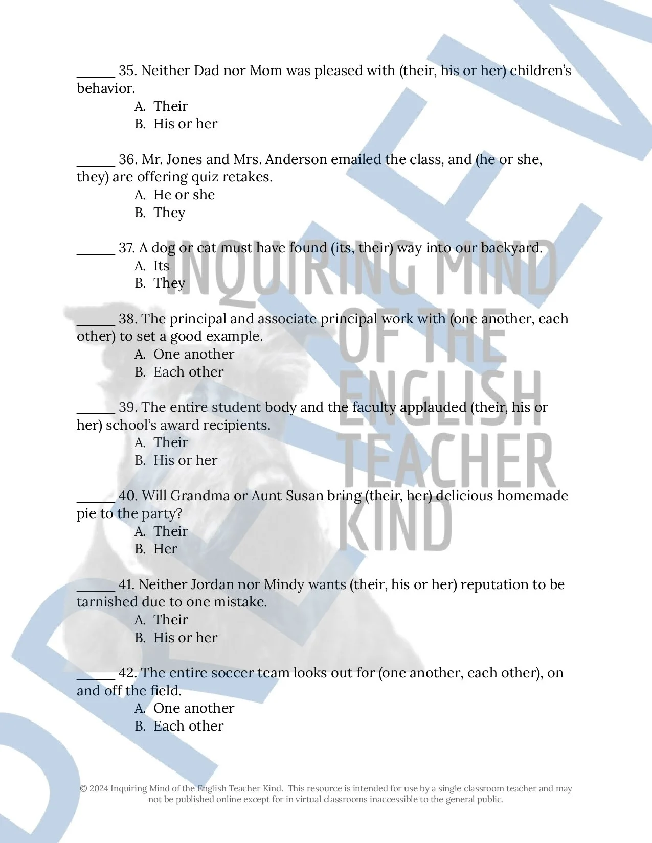 Grammar Practice Worksheet on Pronoun-Antecedent Agreement for High ...