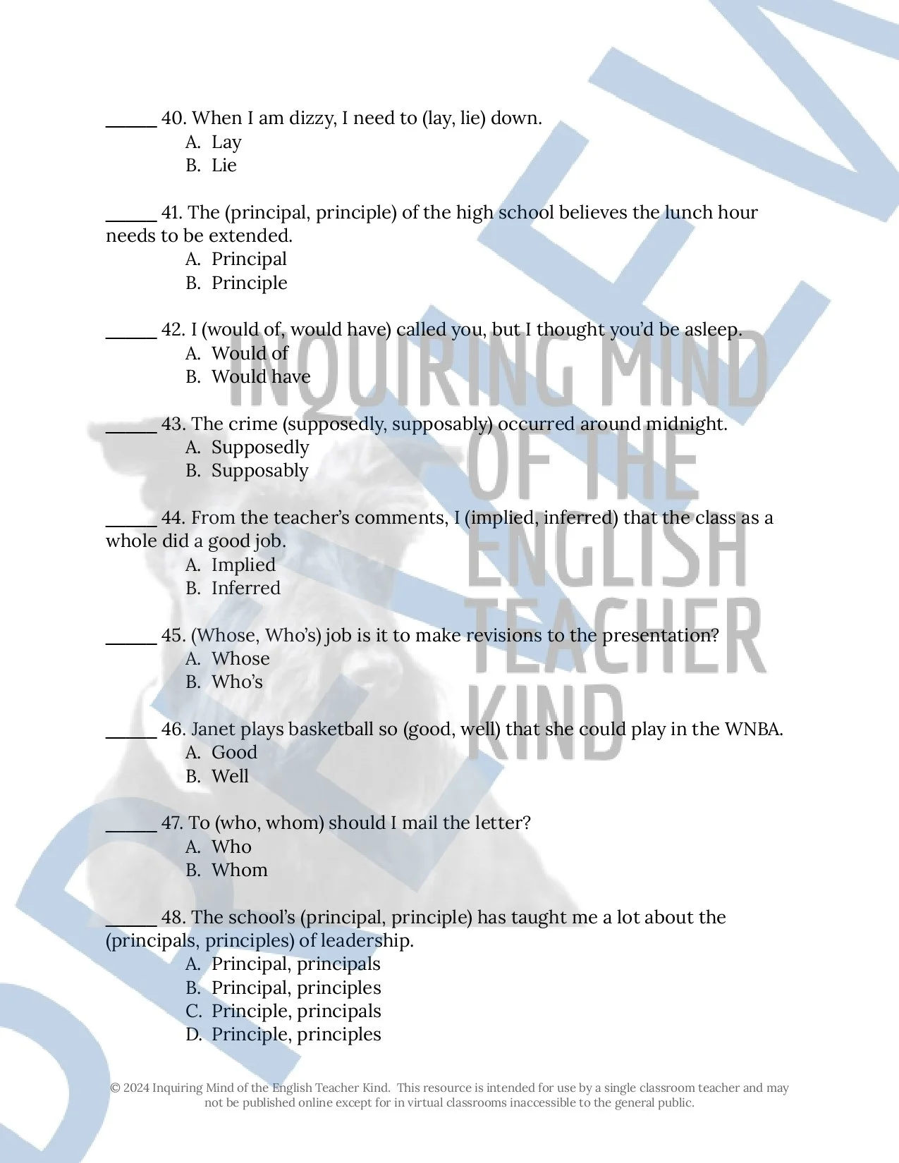 High School Grammar Practice Worksheet on Word Usage Errors with Answer ...