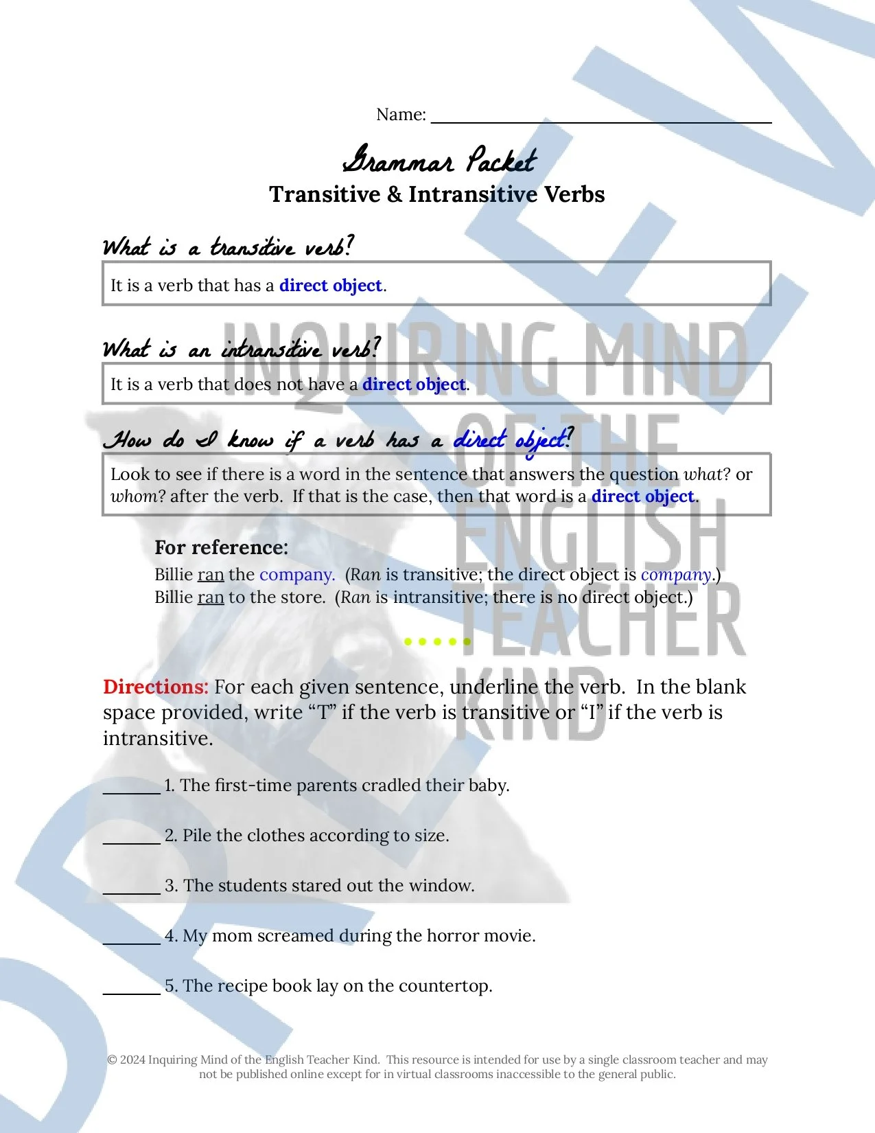Grammar Practice Worksheet on Transitive and Intransitive Verbs for ...