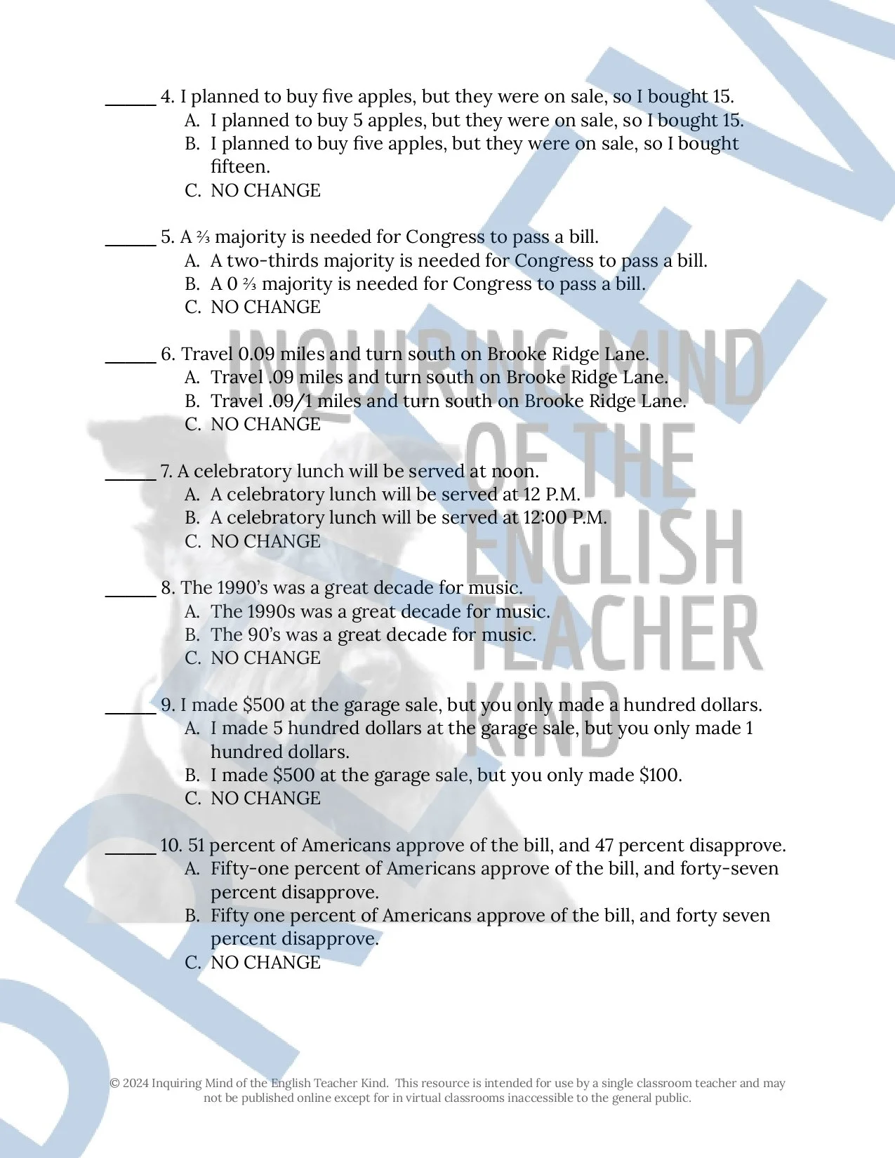 High School Grammar Review Worksheet on Writing Numerals — Inquiring ...