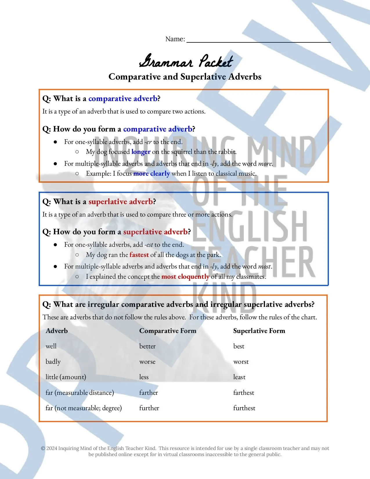 Grammar Worksheet on Comparative and Superlative Adverbs with Answer ...