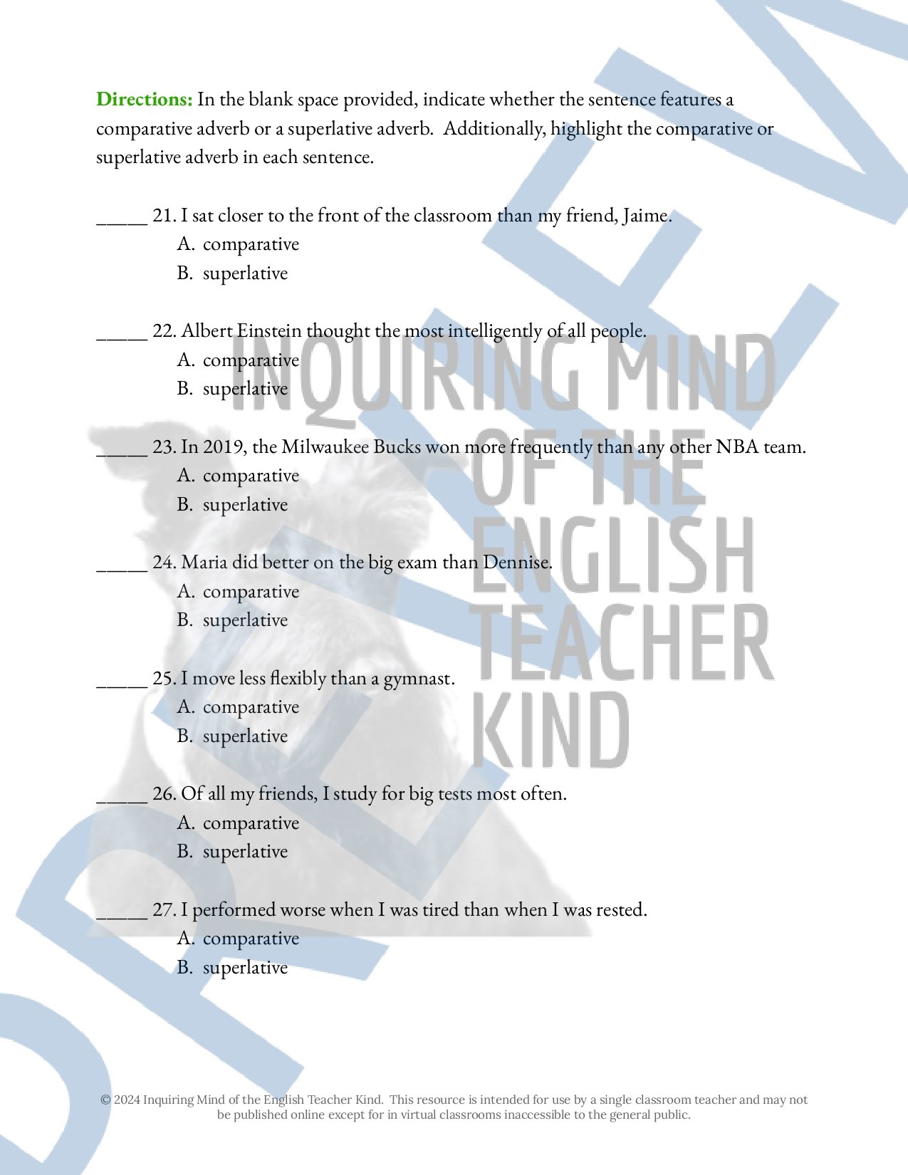Grammar Worksheet on Comparative and Superlative Adverbs with Answer ...