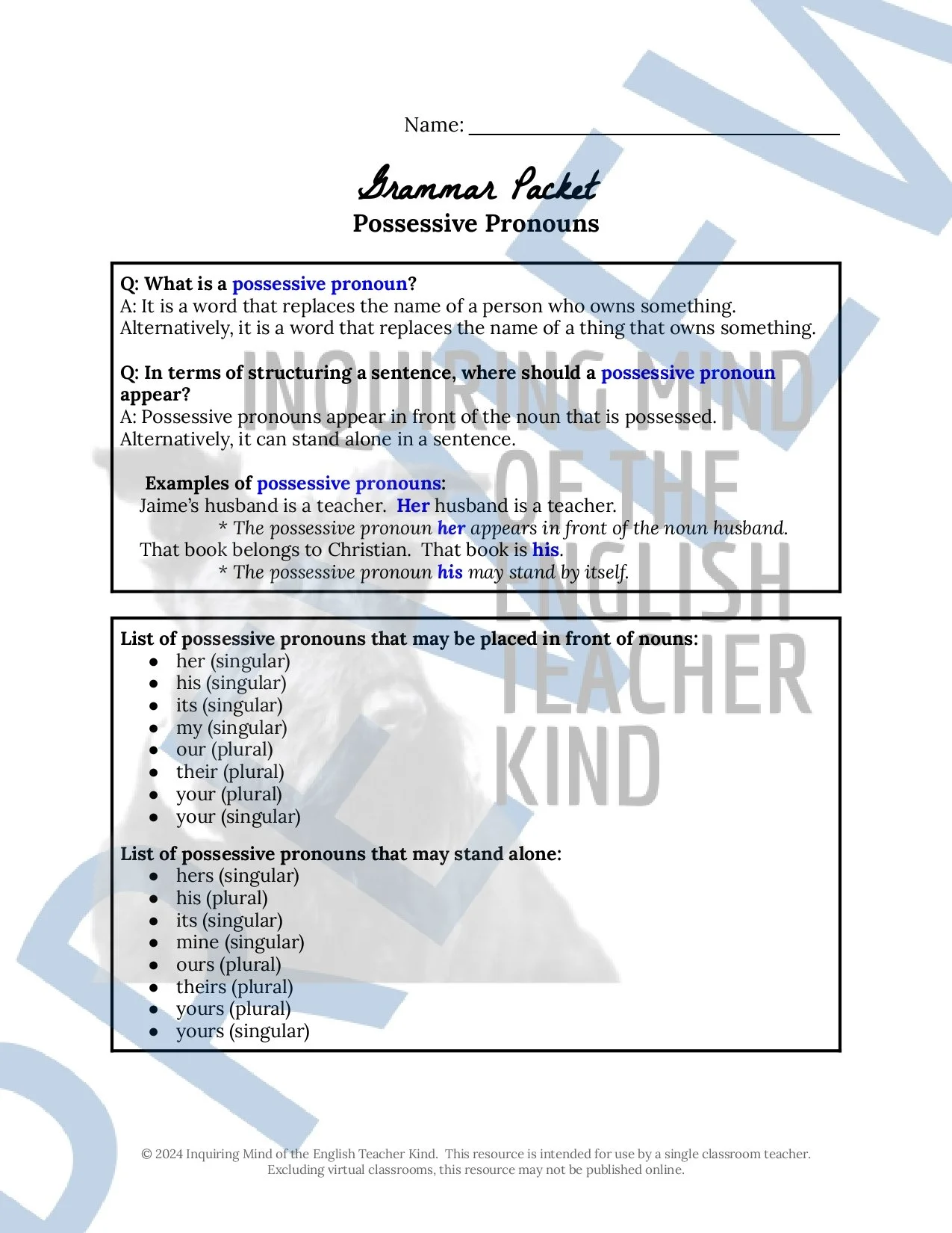 High School Grammar Practice Worksheet on Possessive Pronouns ...