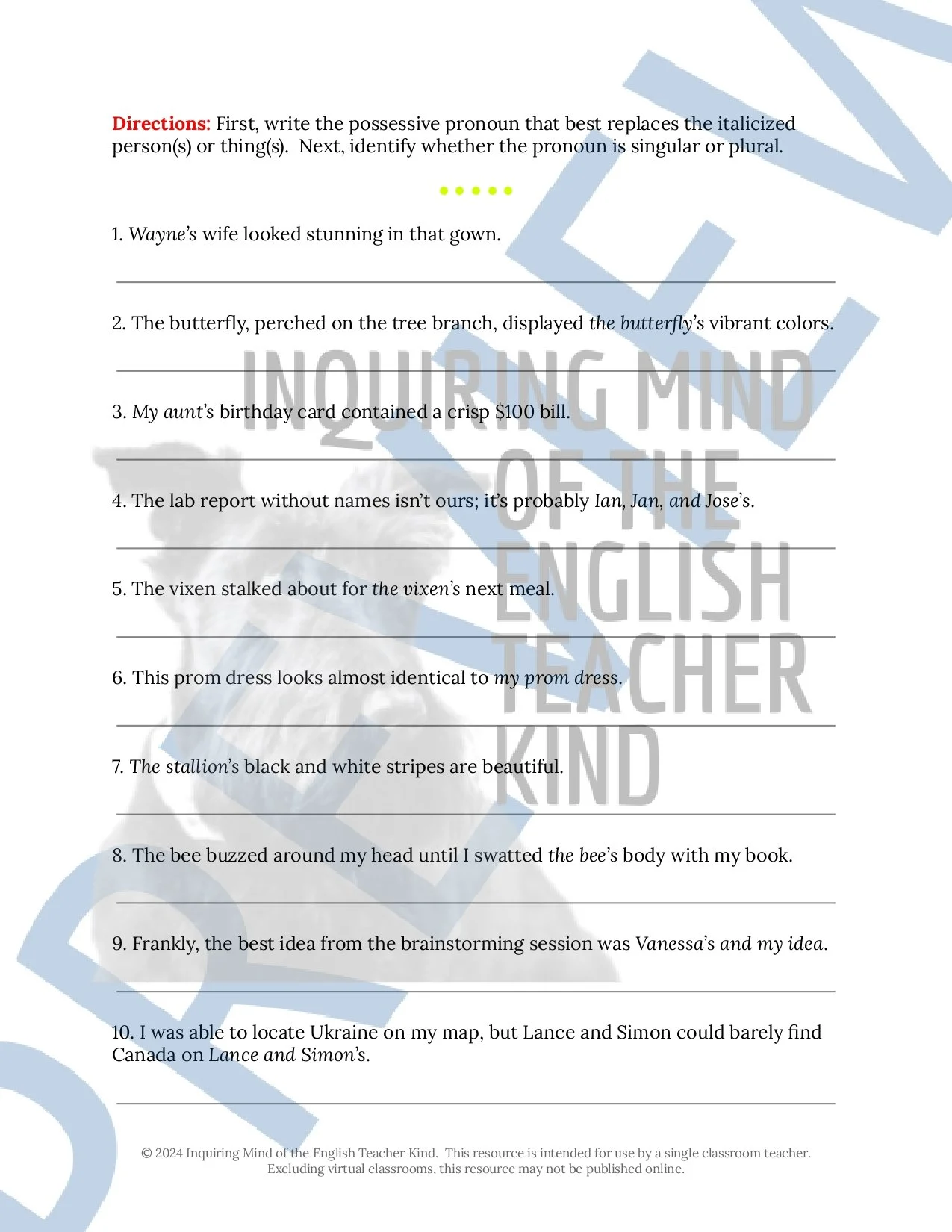 High School Grammar Practice Worksheet on Possessive Pronouns ...
