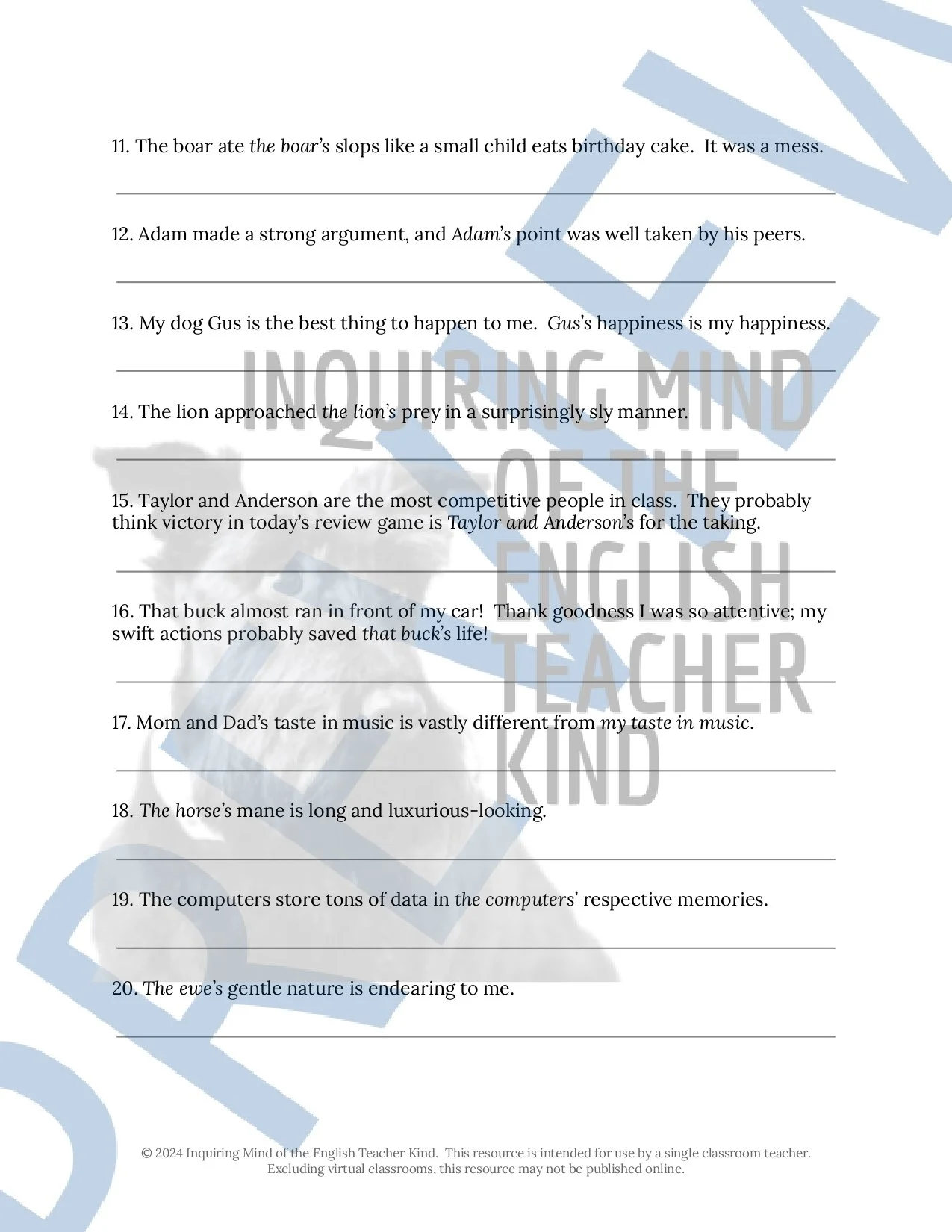 High School Grammar Practice Worksheet on Possessive Pronouns ...