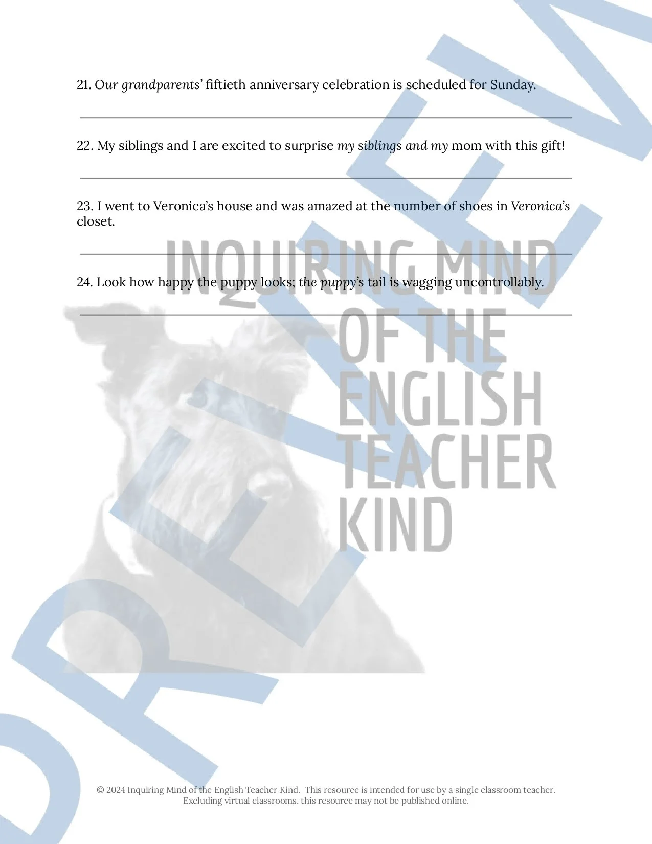 High School Grammar Practice Worksheet on Possessive Pronouns ...