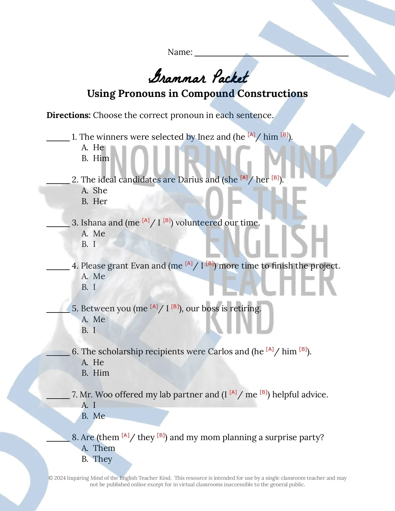 Grammar Practice Worksheet on Using Pronouns in Compound Constructions ...