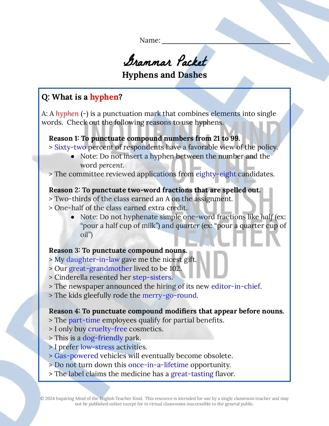 High School Grammar Practice Worksheet on Using Hyphens and Dashes ...