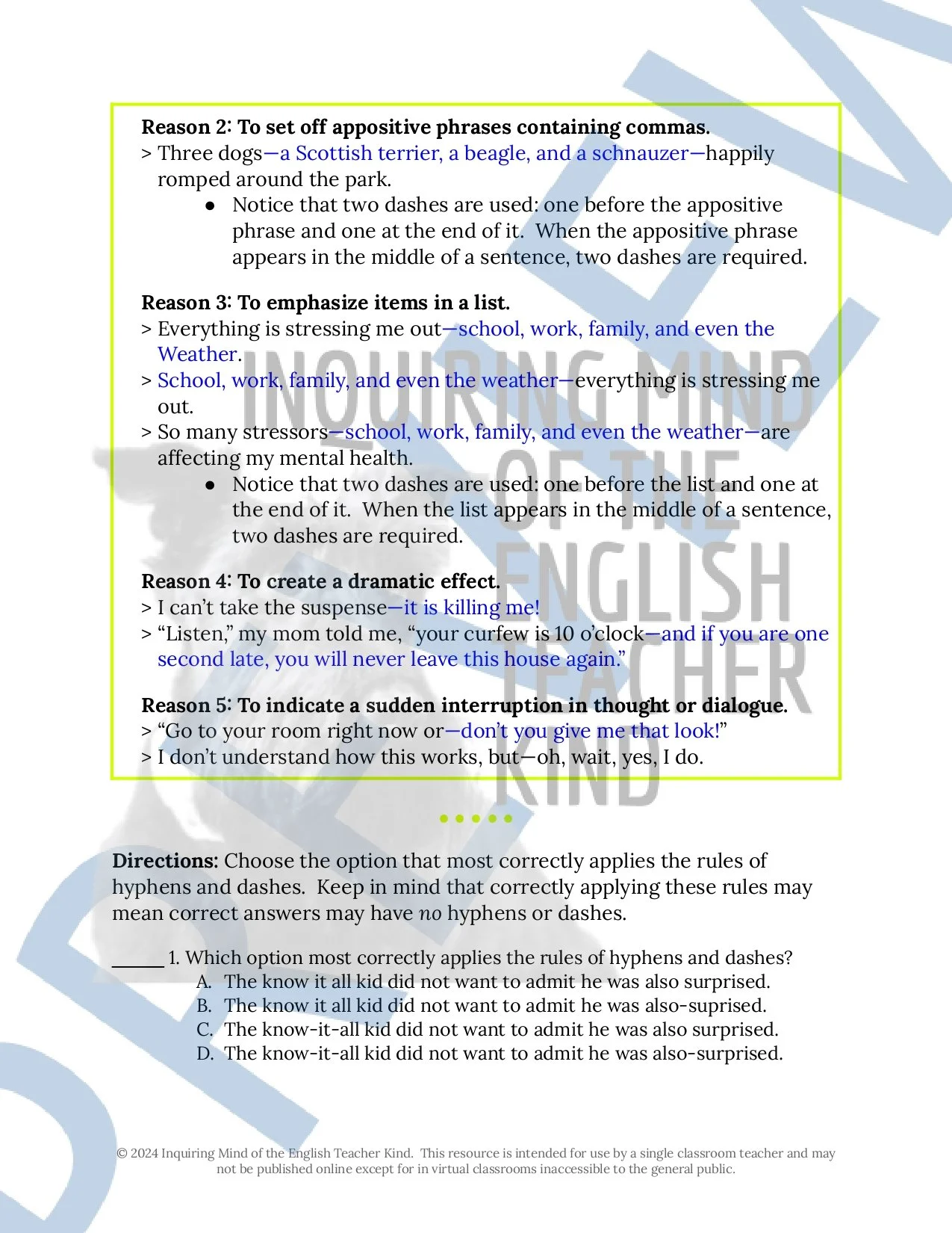 High School Grammar Practice Worksheet on Using Hyphens and Dashes ...