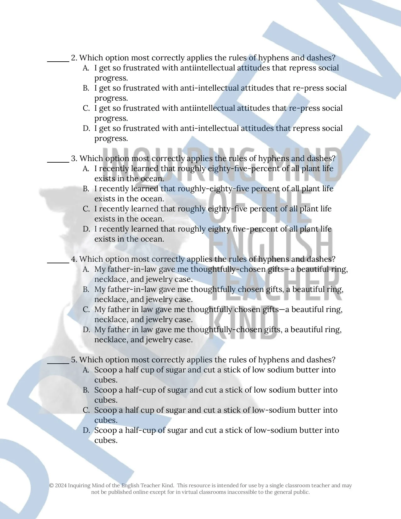 High School Grammar Practice Worksheet on Using Hyphens and Dashes ...