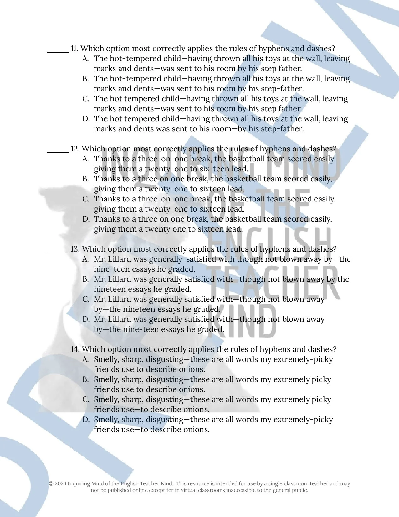 High School Grammar Practice Worksheet on Using Hyphens and Dashes ...