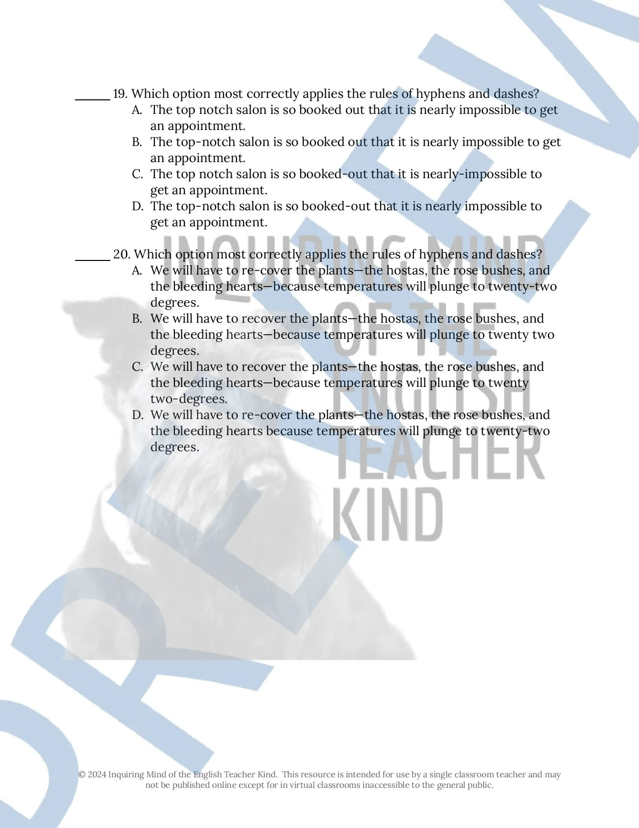 High School Grammar Practice Worksheet on Using Hyphens and Dashes ...
