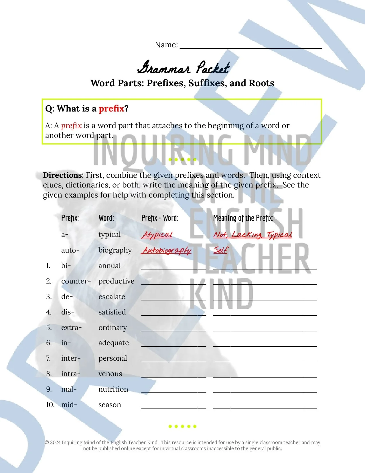 High School Grammar Review Worksheet on Prefixes, Suffixes, and Roots ...