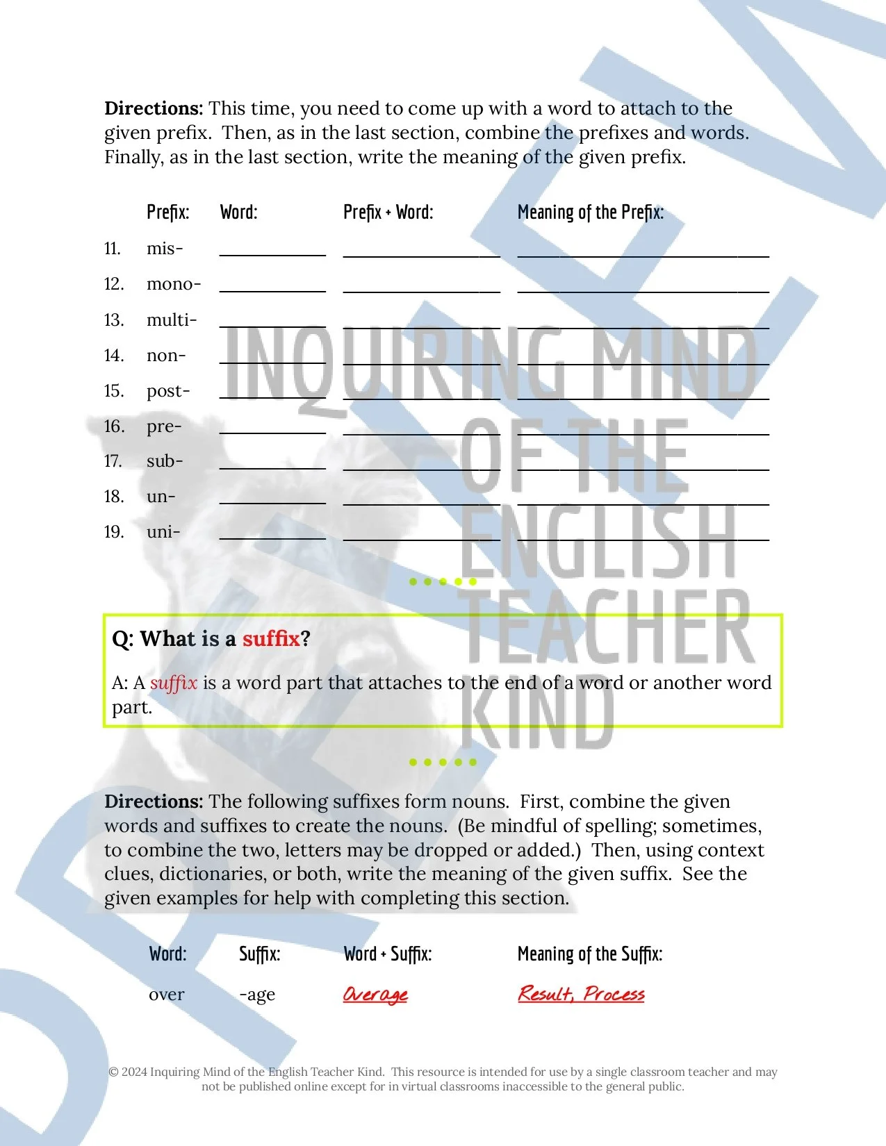 High School Grammar Review Worksheet on Prefixes, Suffixes, and Roots ...