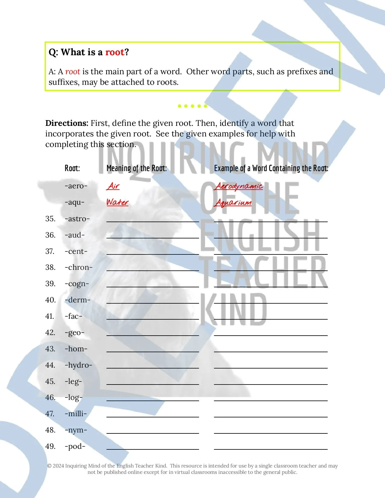 High School Grammar Review Worksheet on Prefixes, Suffixes, and Roots ...
