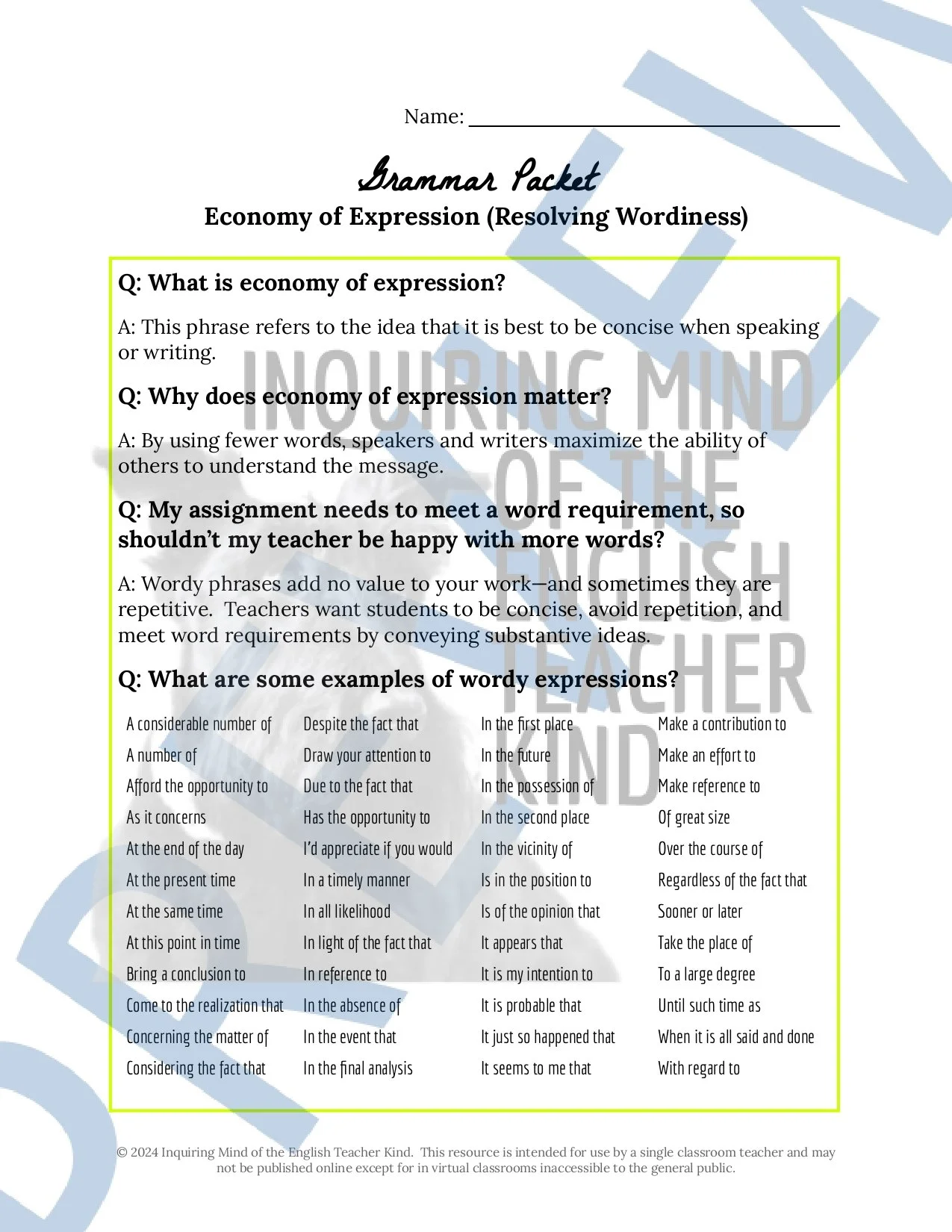 Grammar Worksheet on Avoiding Wordiness and Repetition — Inquiring Mind ...