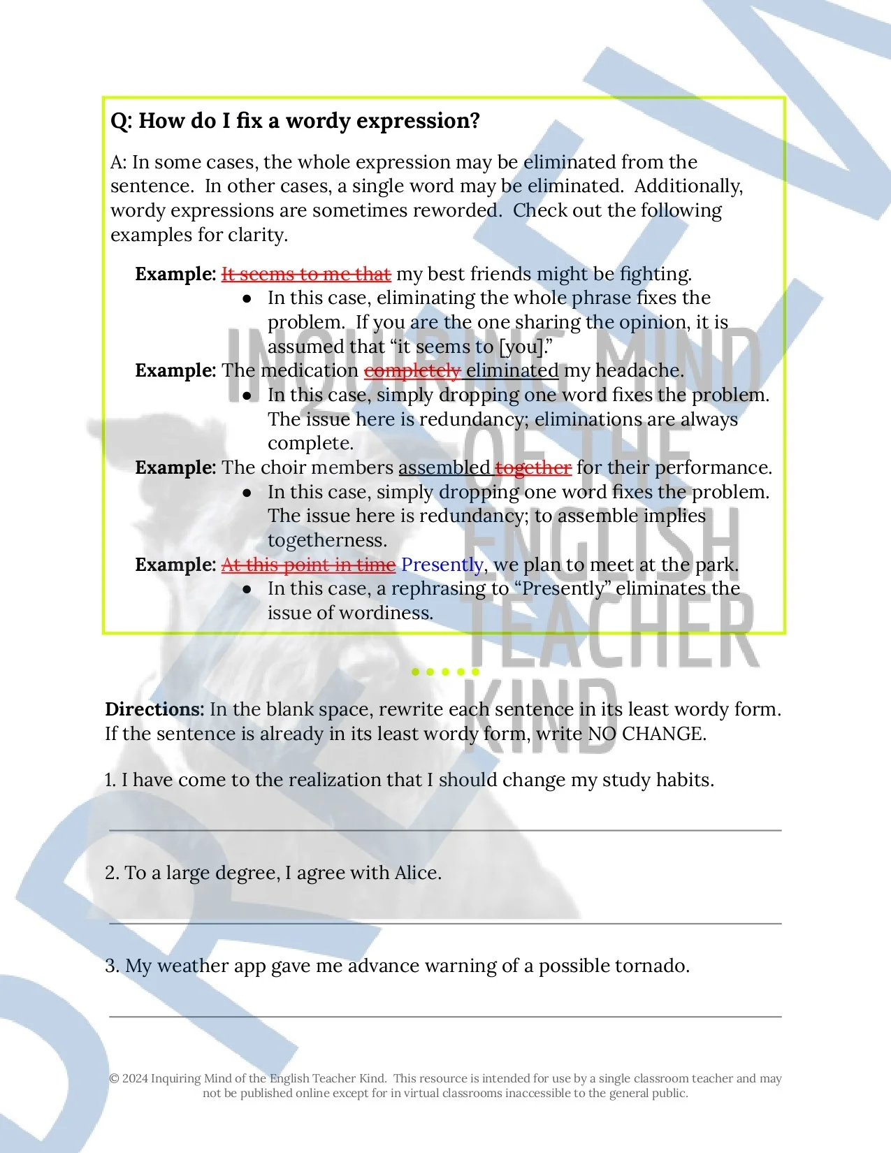 Grammar Worksheet on Avoiding Wordiness and Repetition — Inquiring Mind ...