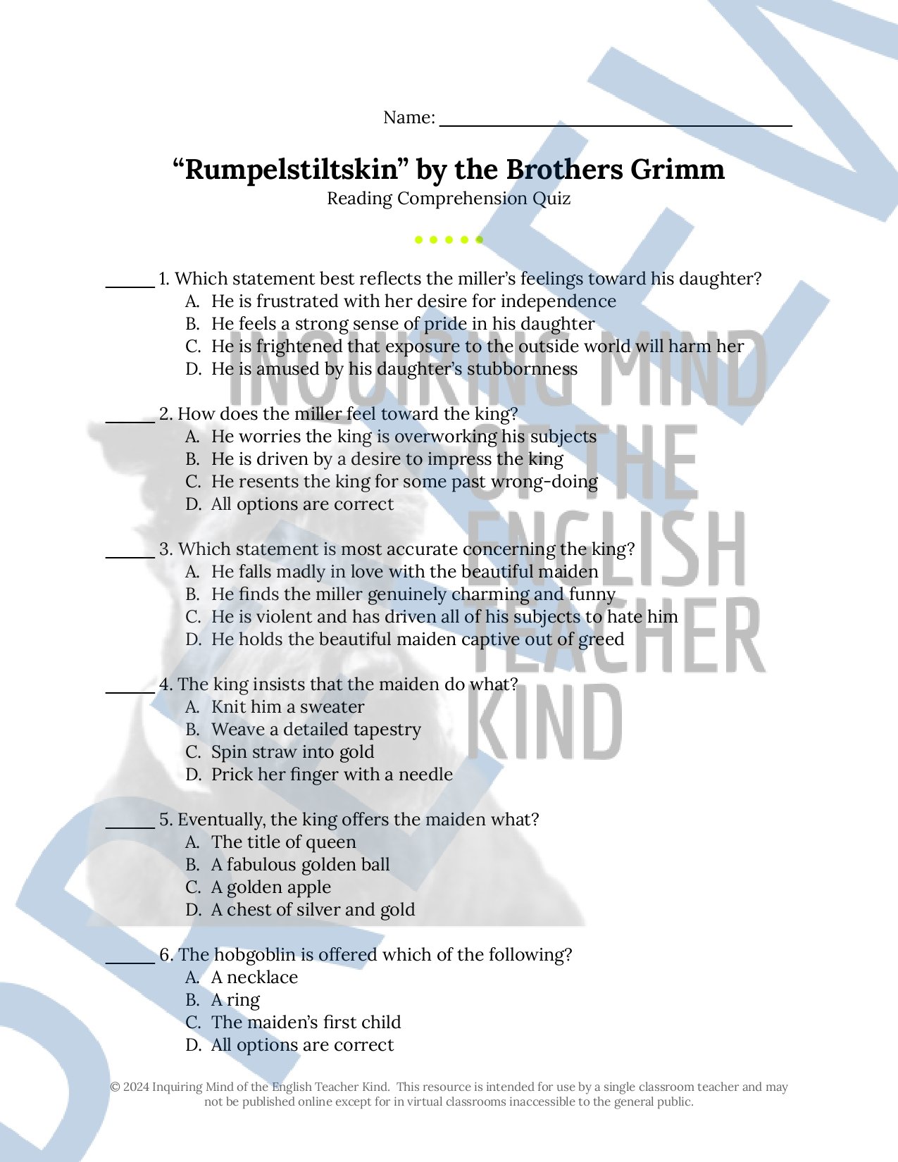 "Rumpelstiltskin" by the Brothers Grimm Quiz, Close Reading Activity ...