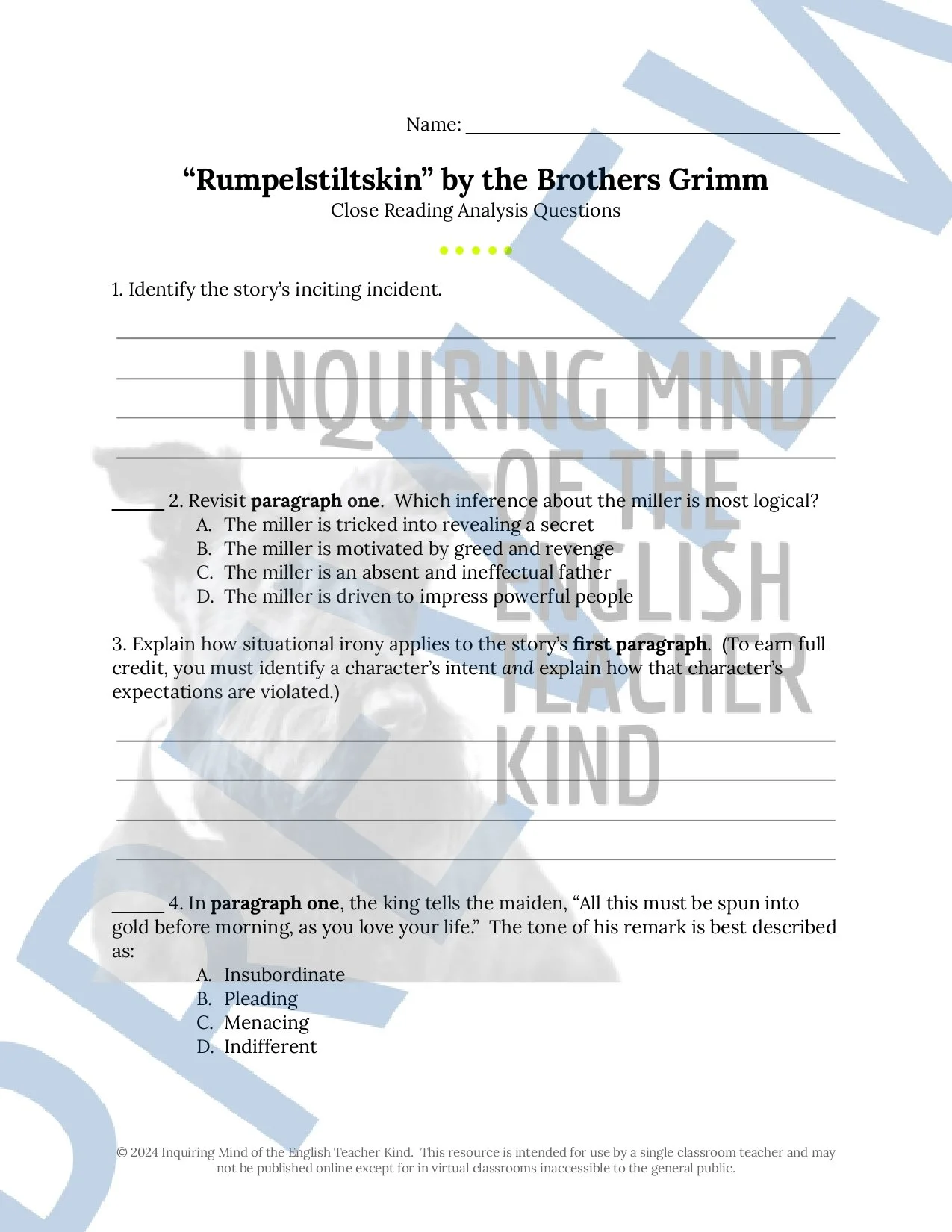 "Rumpelstiltskin" by the Brothers Grimm Quiz, Close Reading Activity ...