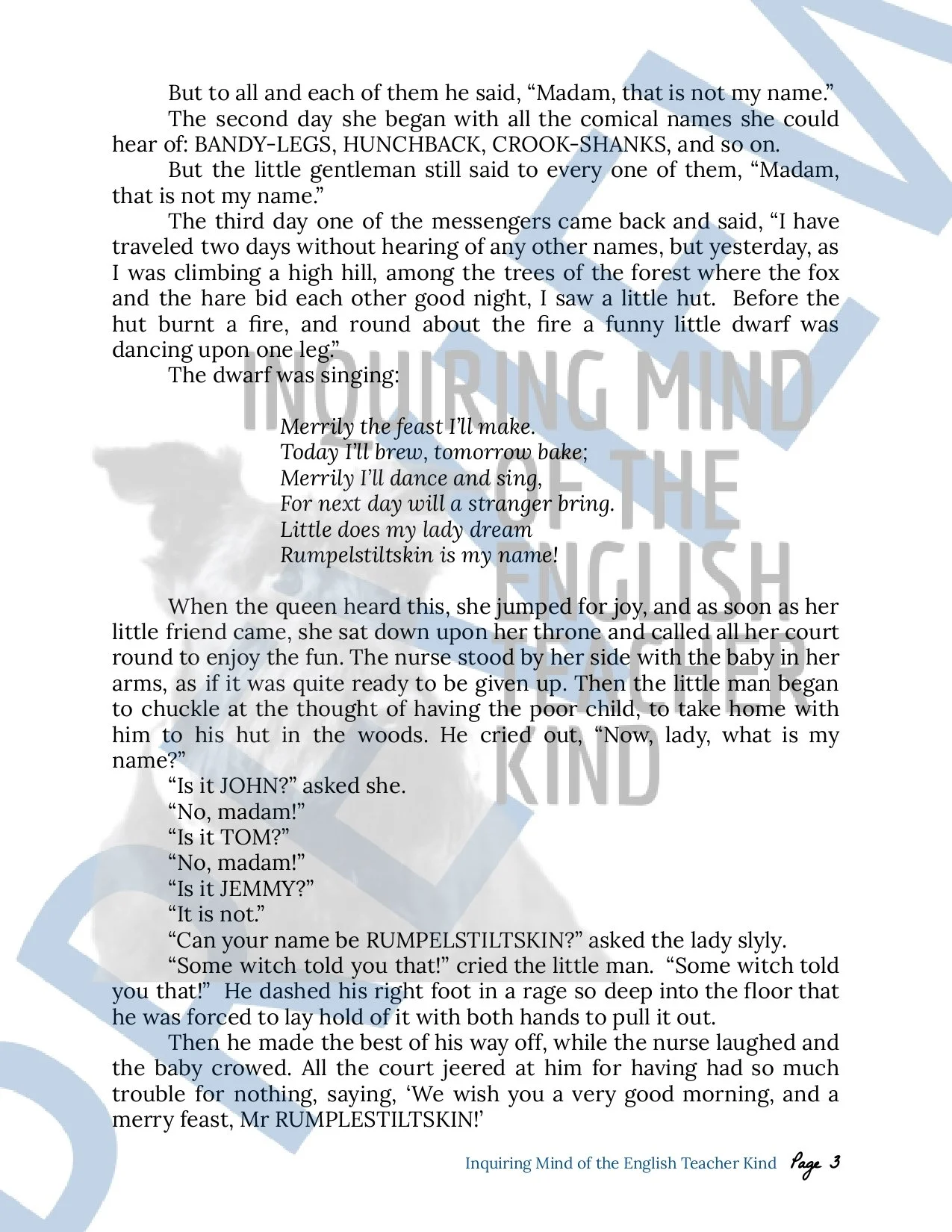 "Rumpelstiltskin" by the Brothers Grimm Quiz, Close Reading Activity ...