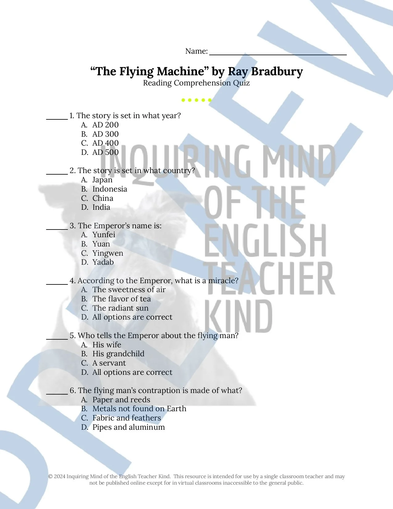 "The Flying Machine" by Ray Bradbury Quiz, Close Reading Activity, and ...