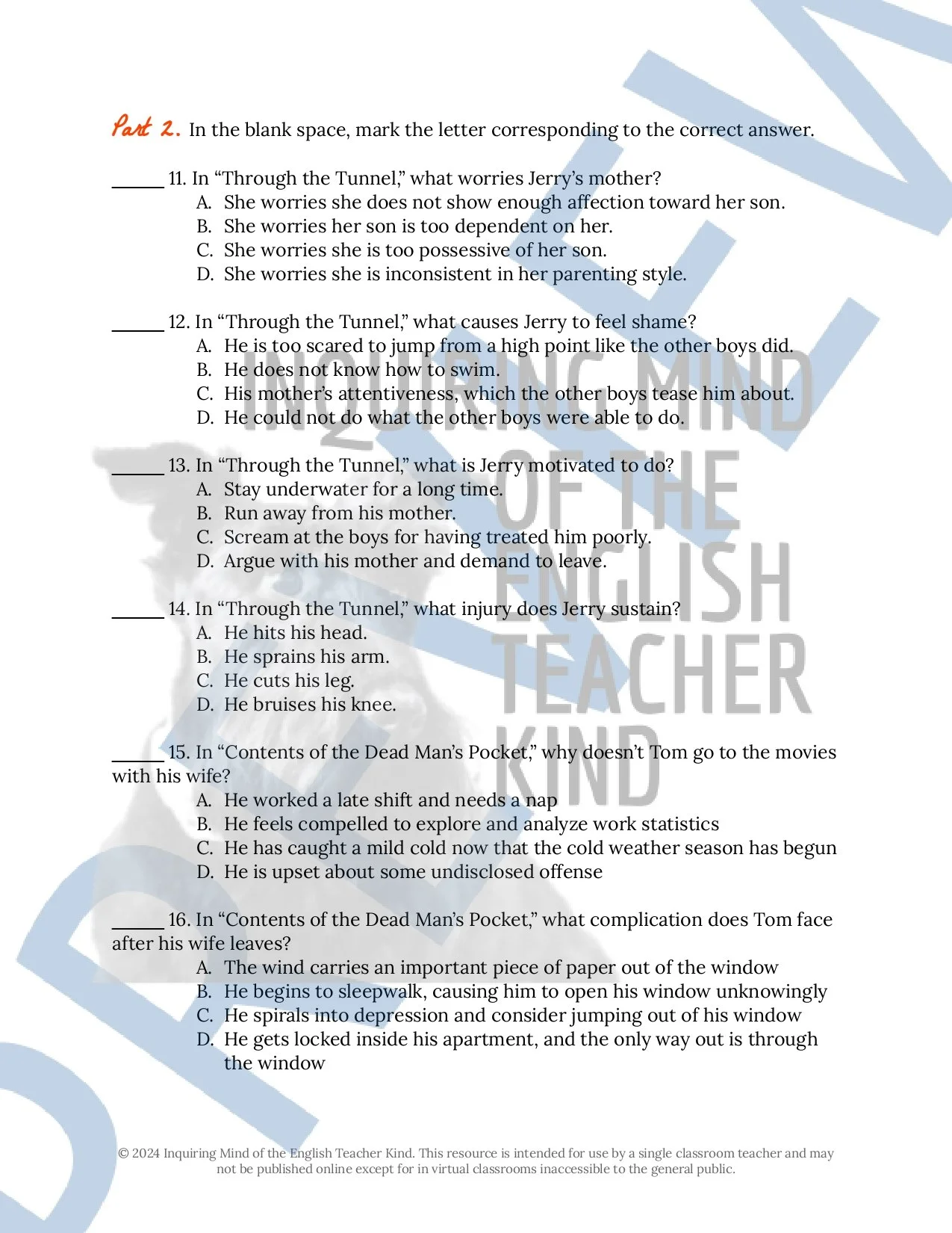 High School Short Stories Test and Answer Key with Study Guide (Volume ...