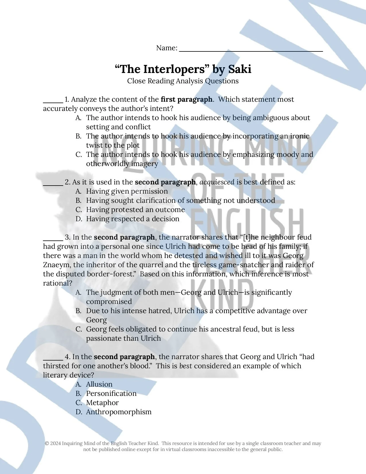 Short Stories by Saki - Quizzes, Close Reading Activities, and ...