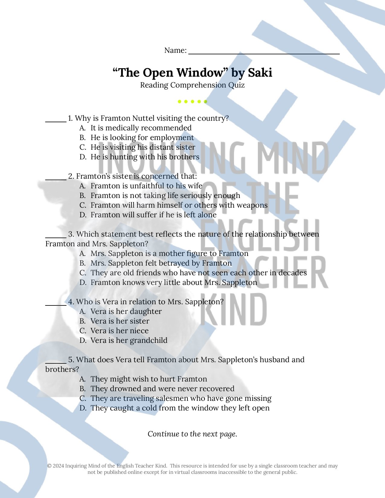 Short Stories by Saki - Quizzes, Close Reading Activities, and ...