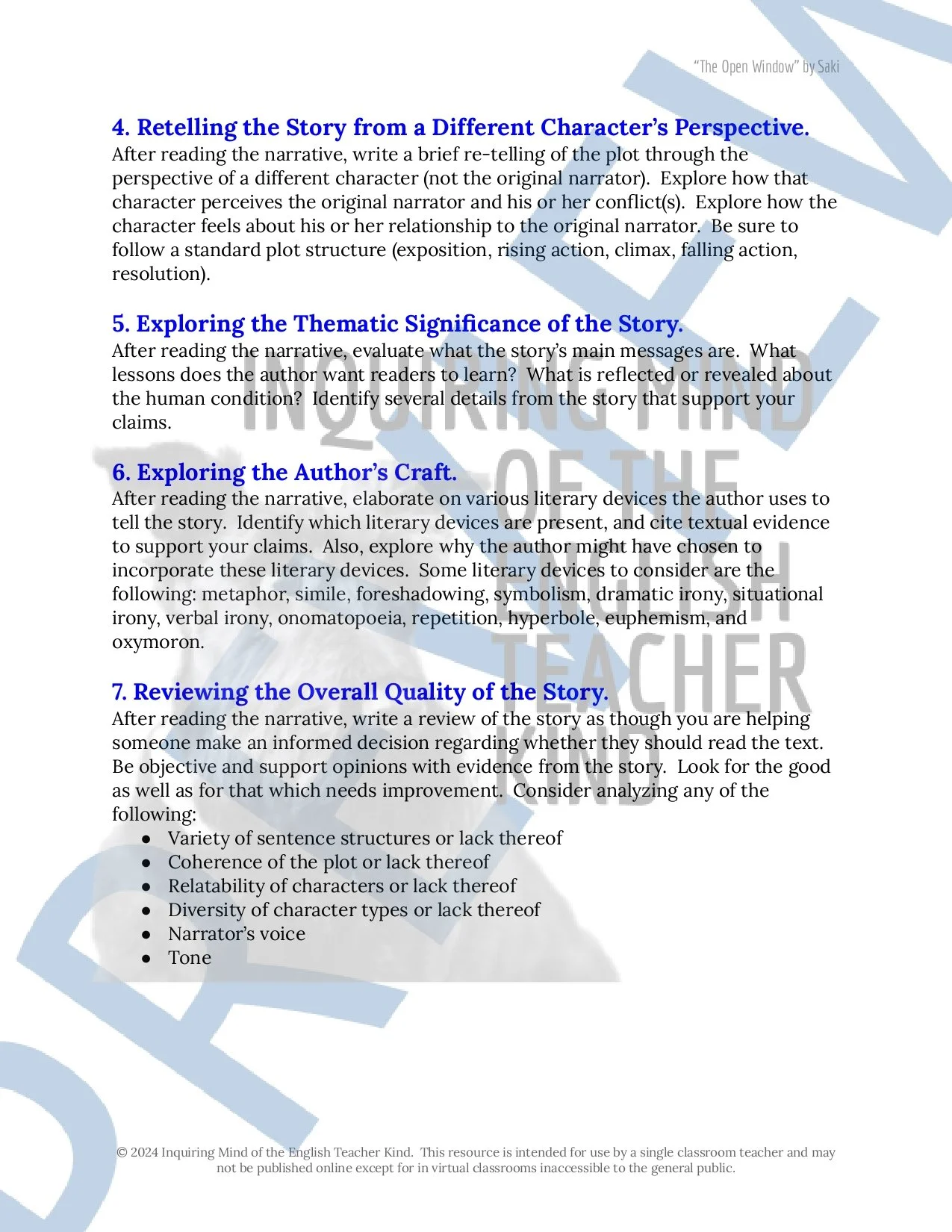 Short Stories by Saki - Quizzes, Close Reading Activities, and ...