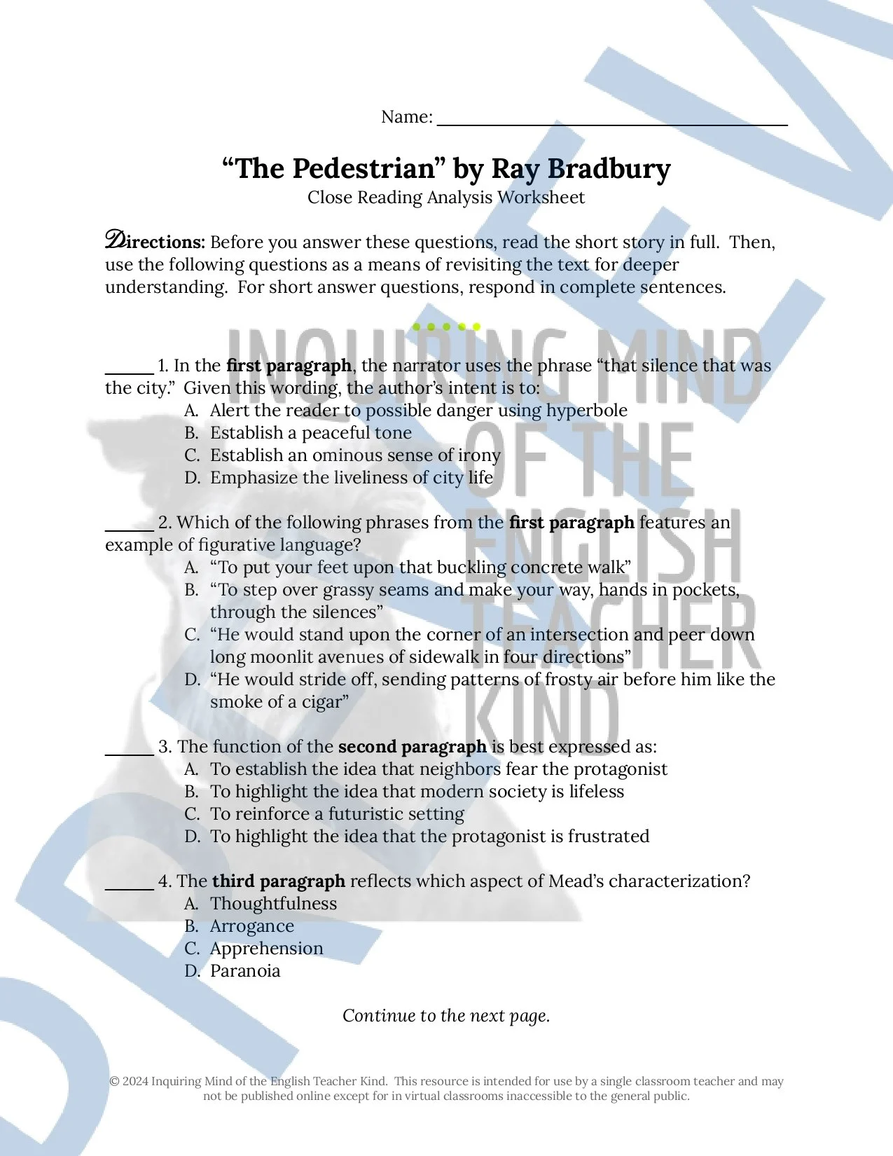 "The Pedestrian" by Ray Bradbury Quiz, Close Reading Activity, and ...