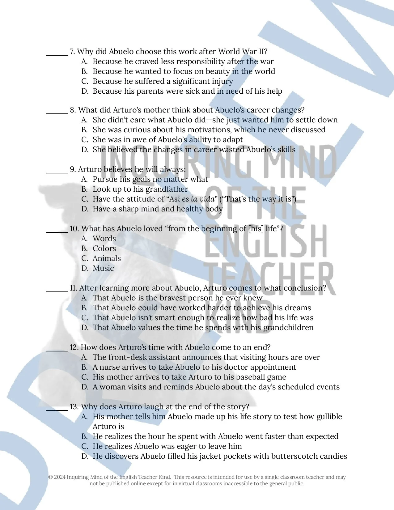 "An Hour with Abuelo" Quiz, Close Reading Activity, and Vocabulary ...