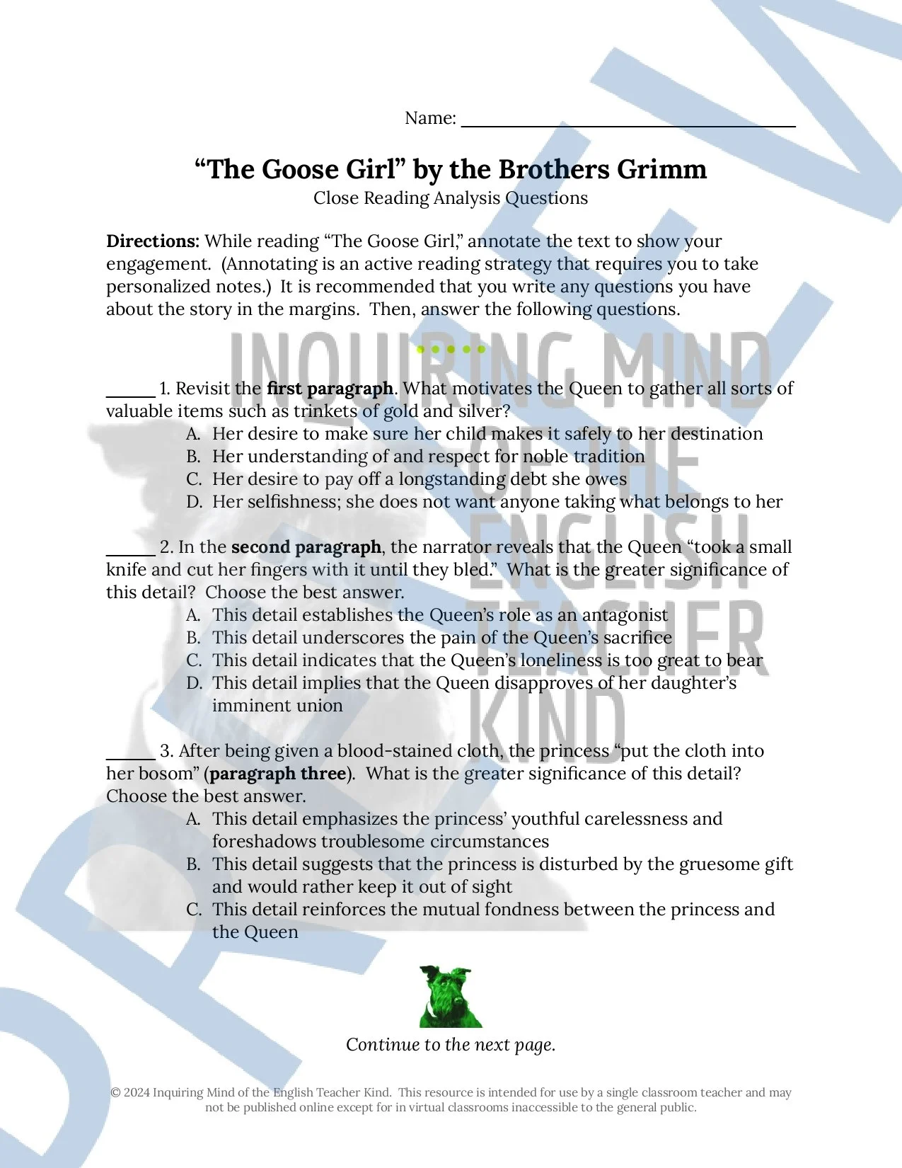 "The Goose Girl" by the Brothers Grimm Quiz, Close Reading Worksheet ...