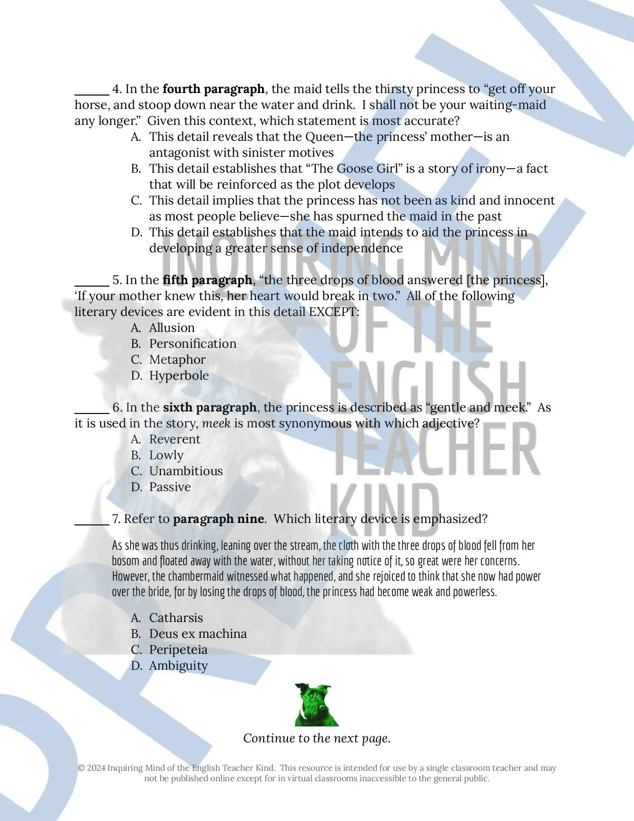 "The Goose Girl" by the Brothers Grimm Quiz, Close Reading Worksheet ...
