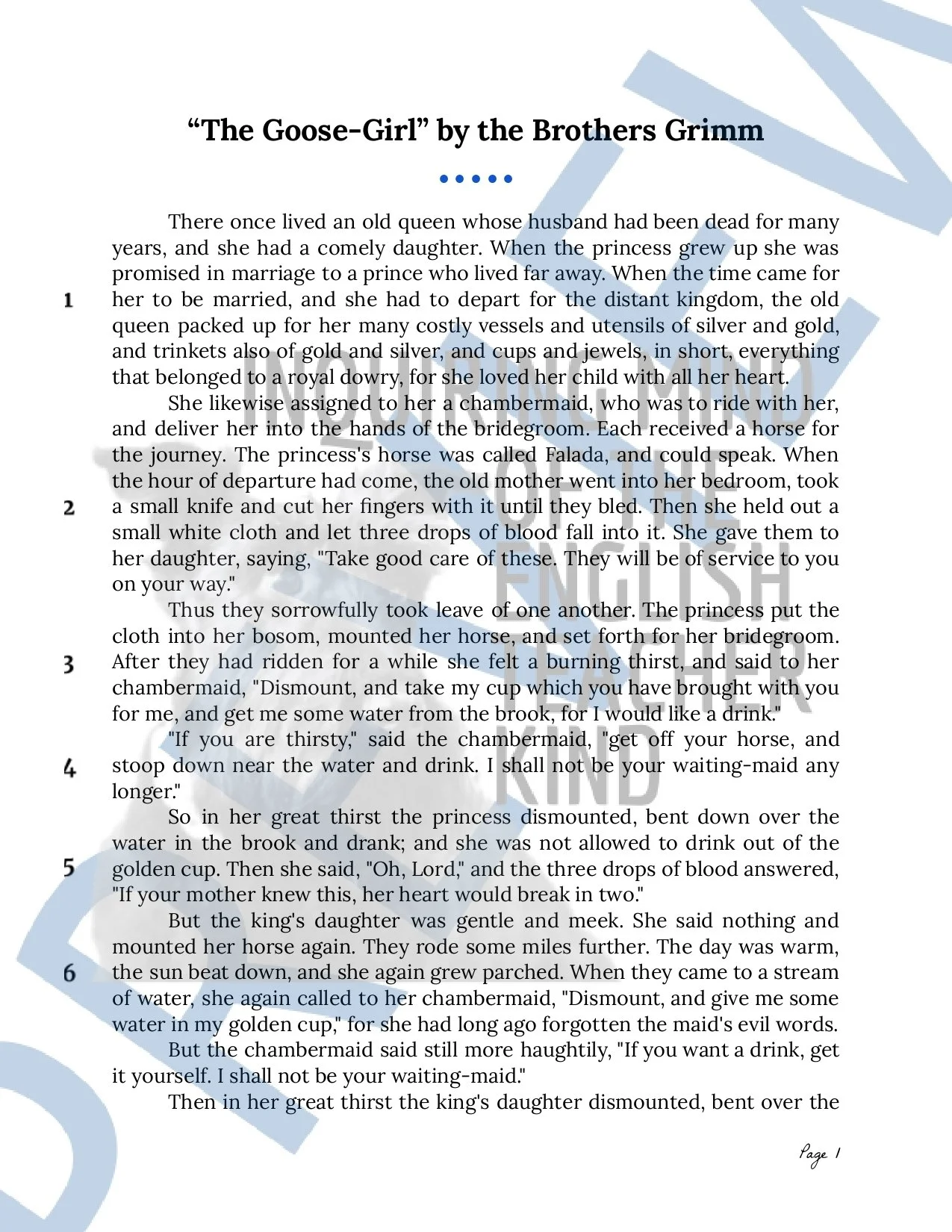 "The Goose Girl" by the Brothers Grimm Quiz, Close Reading Worksheet ...