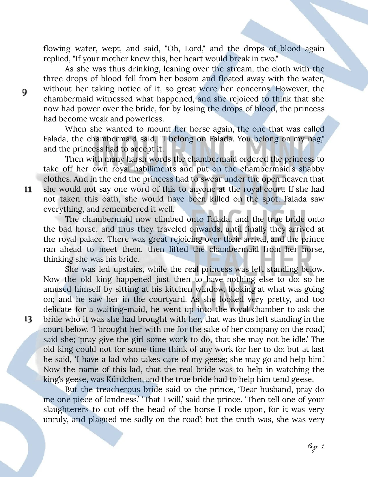 "The Goose Girl" by the Brothers Grimm Quiz, Close Reading Worksheet ...