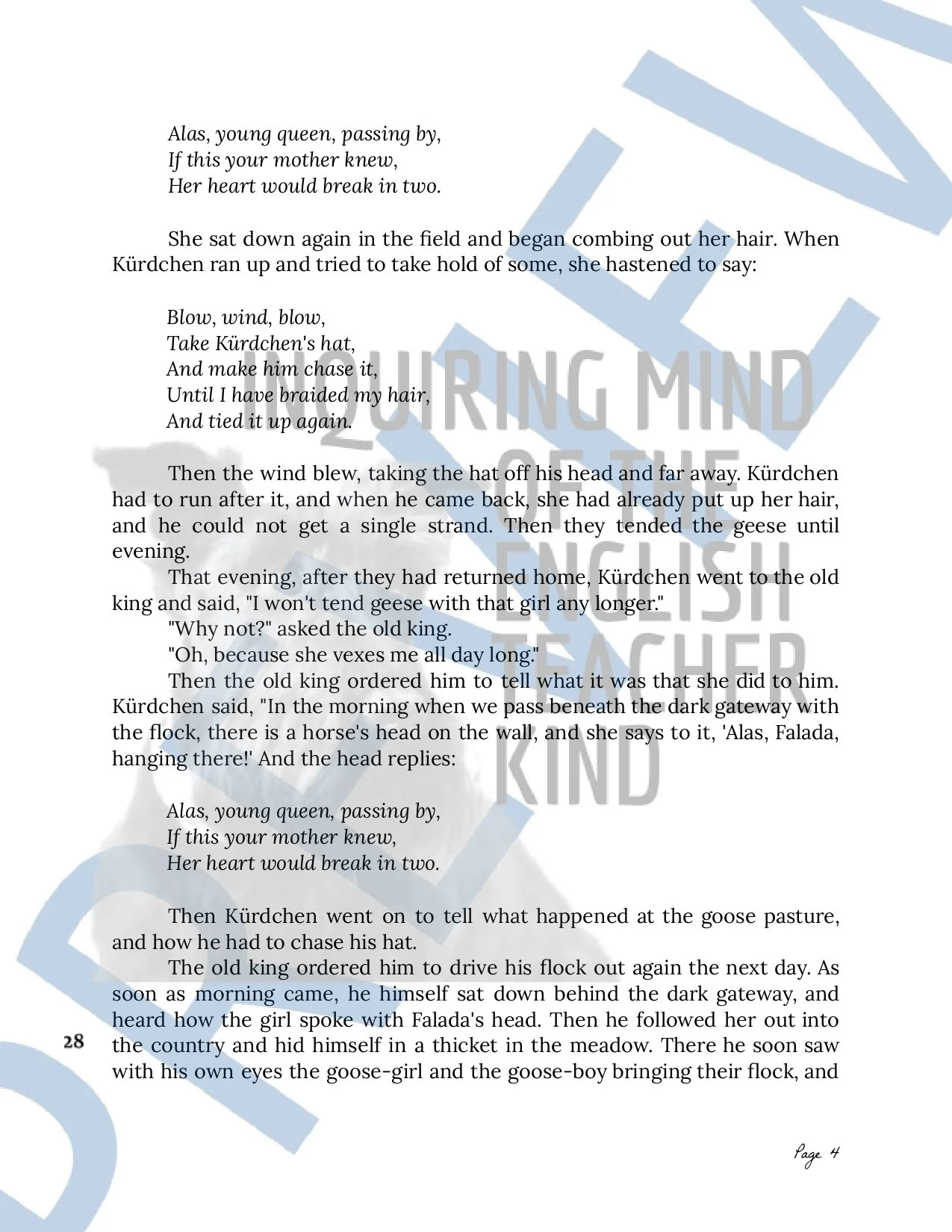 "The Goose Girl" by the Brothers Grimm Quiz, Close Reading Worksheet ...