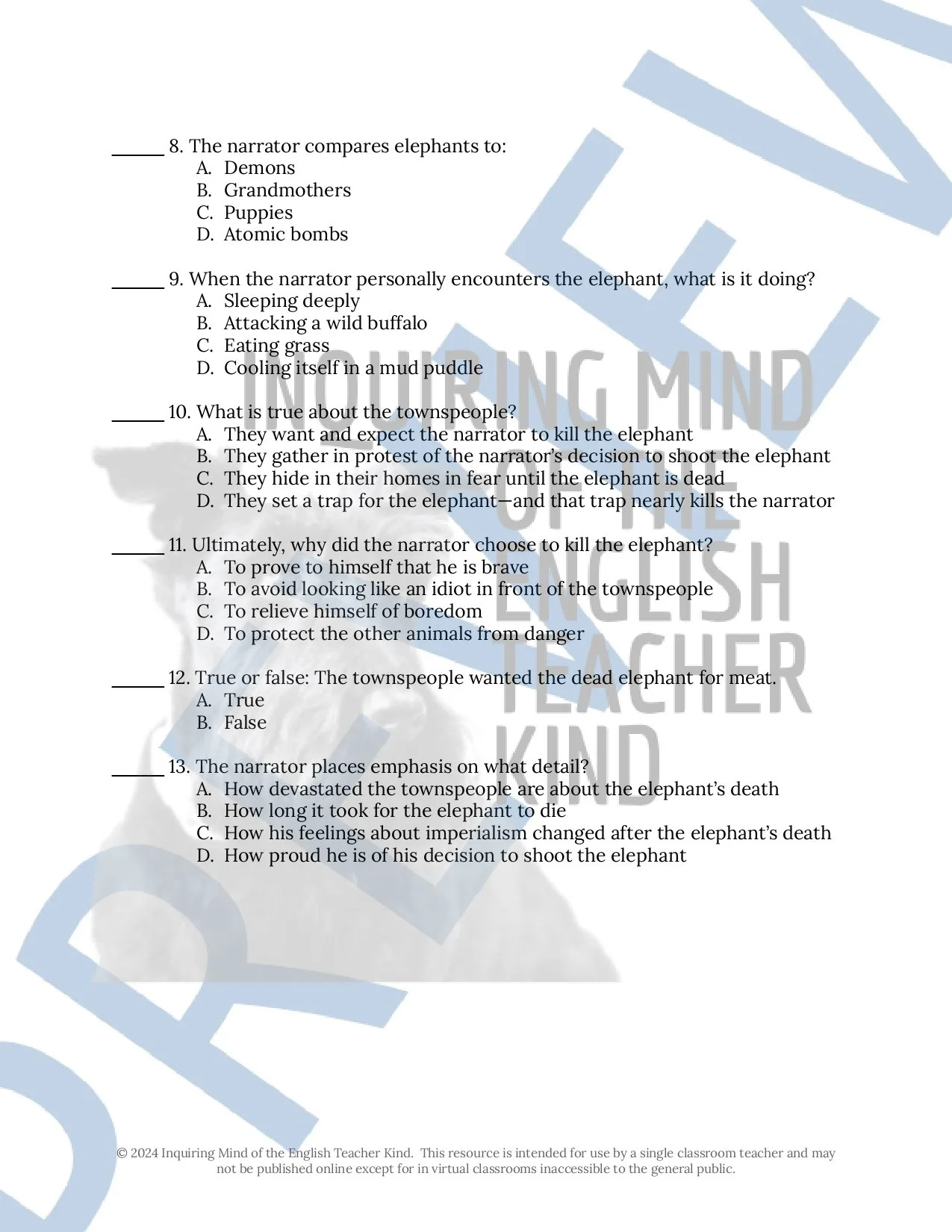 "Shooting an Elephant" by George Orwell Quiz, Close Reading Worksheet ...