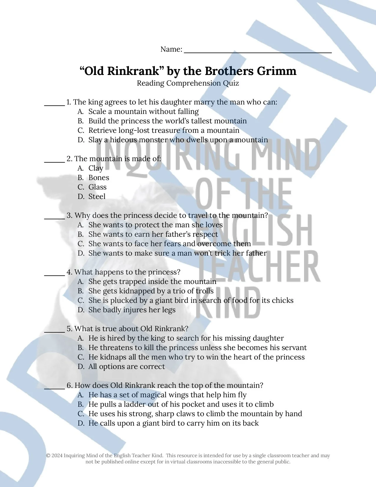 "Old Rinkrank" by the Brothers Grimm Quiz, Close Reading Worksheet, and ...