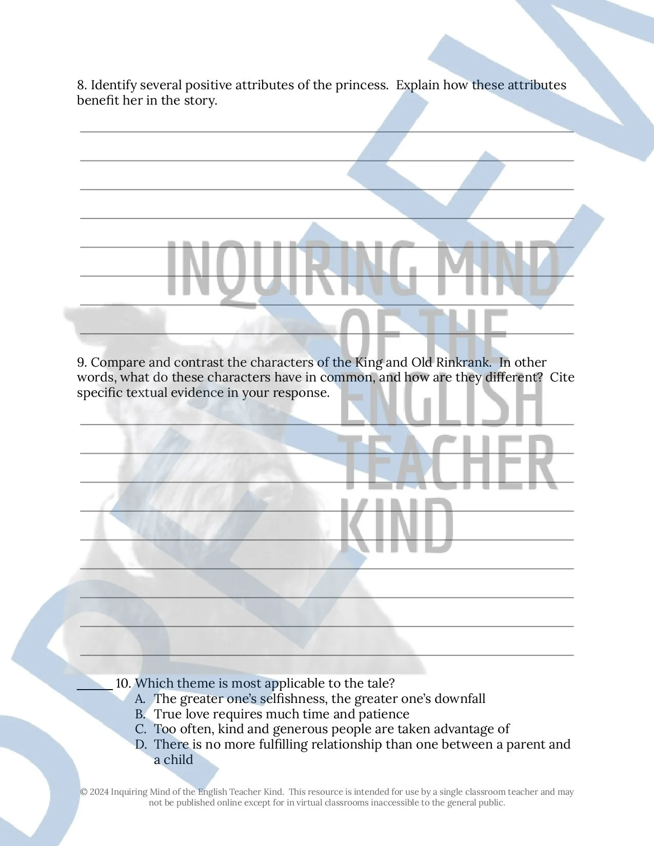 "Old Rinkrank" by the Brothers Grimm Quiz, Close Reading Worksheet, and ...